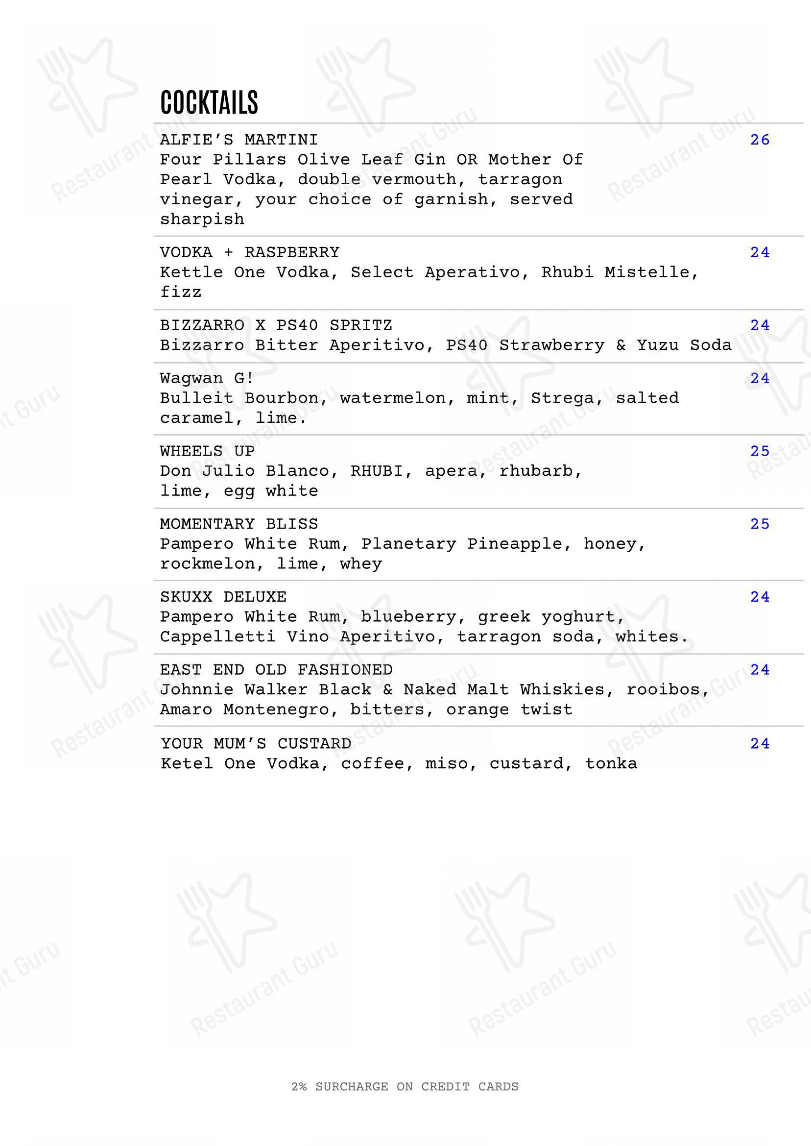 Menu at Alfie's steakhouse, Sydney
