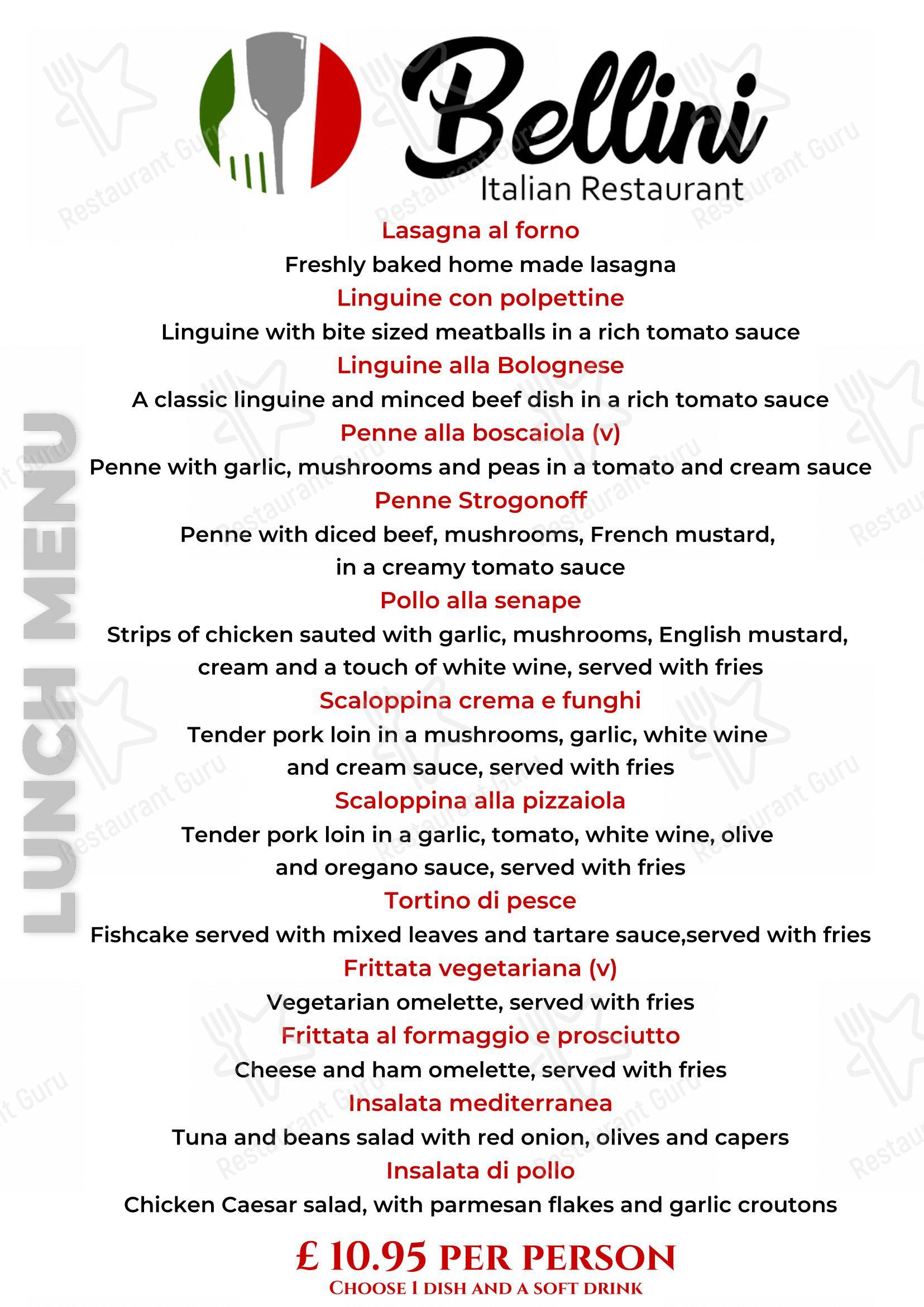 Menu at Bellini Italian restaurant, Mandurah