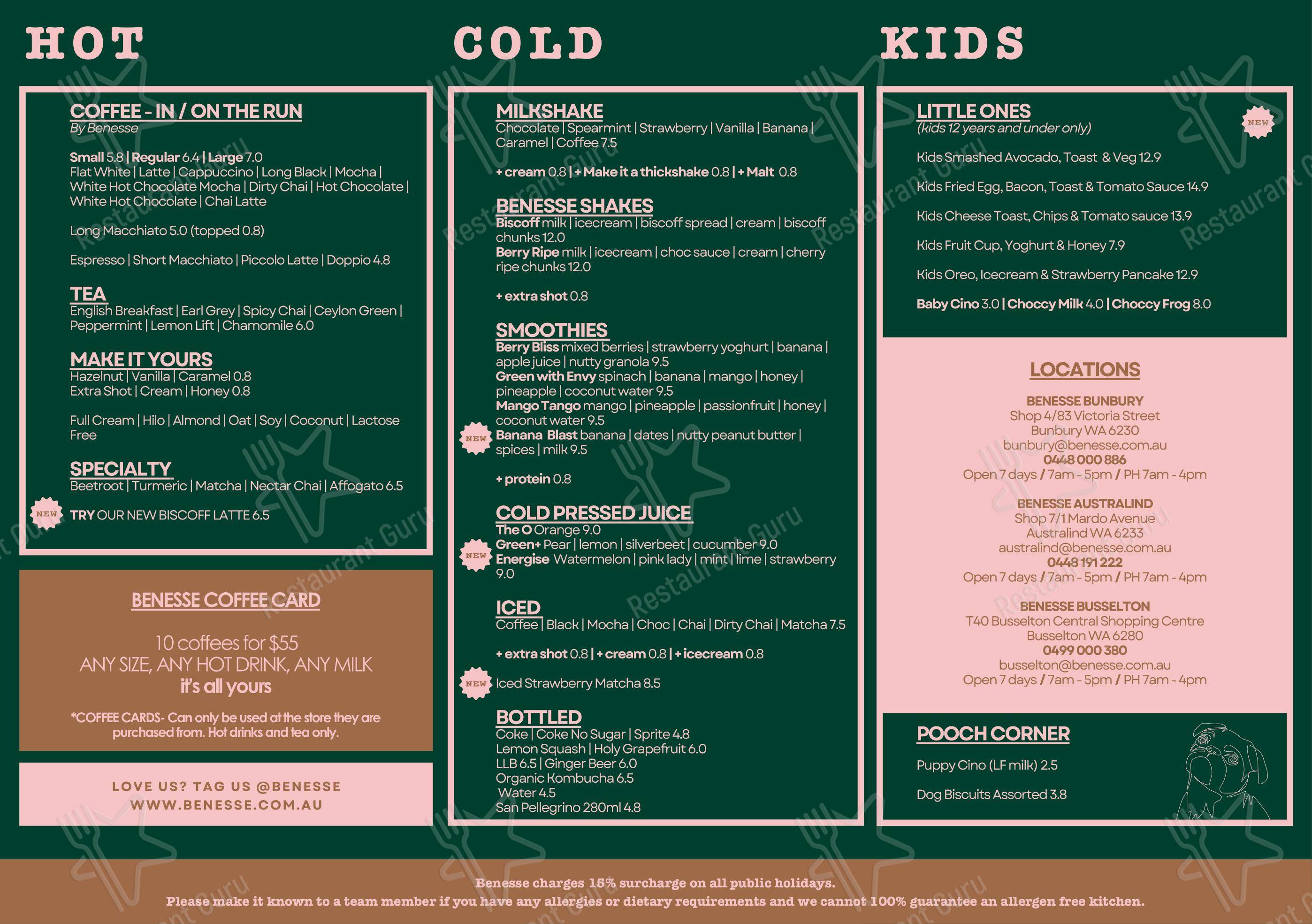 Menu at Benesse Bunbury cafe, Bunbury