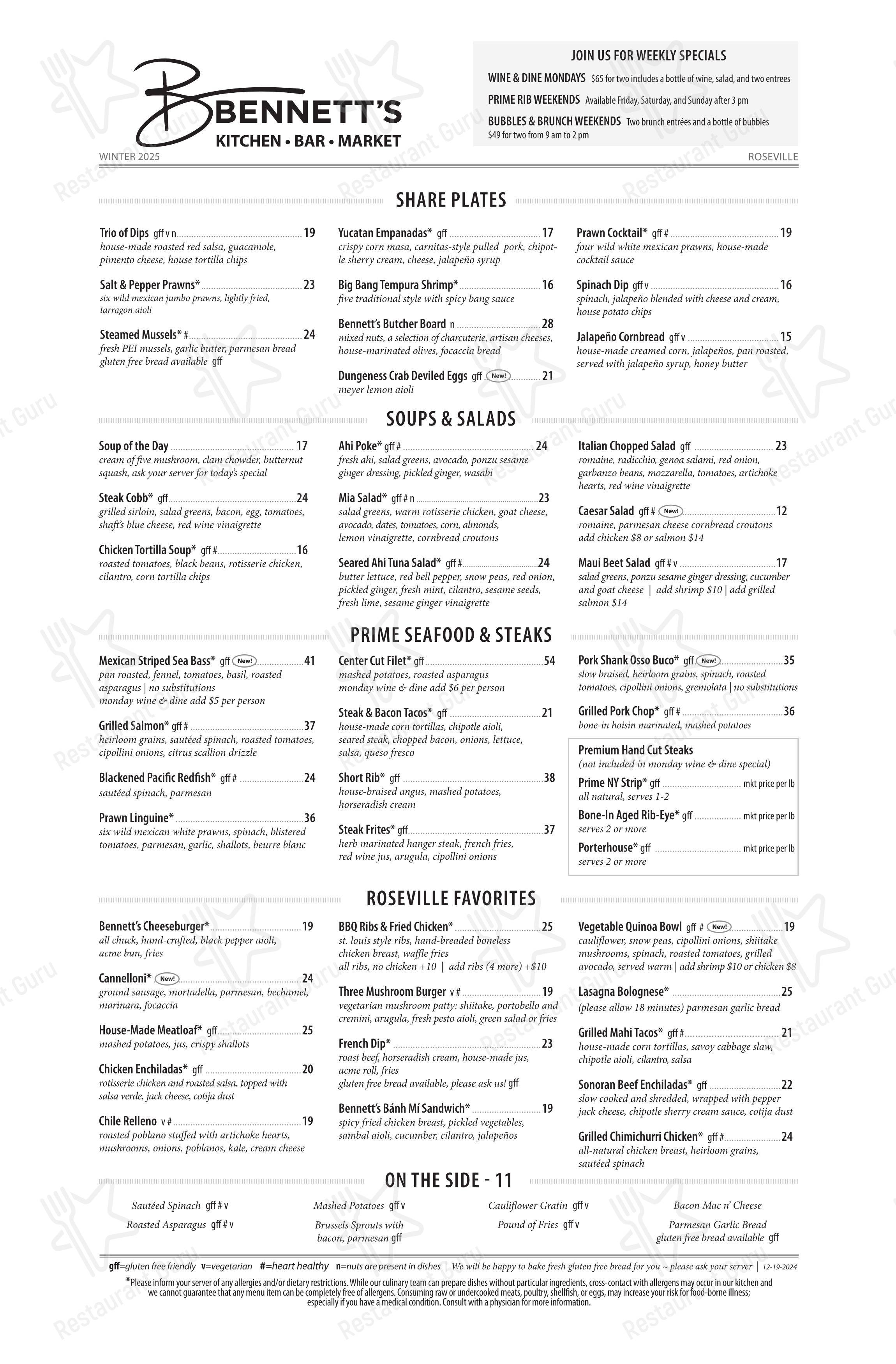 Menu at Bennett's Kitchen Bar Market, Roseville
