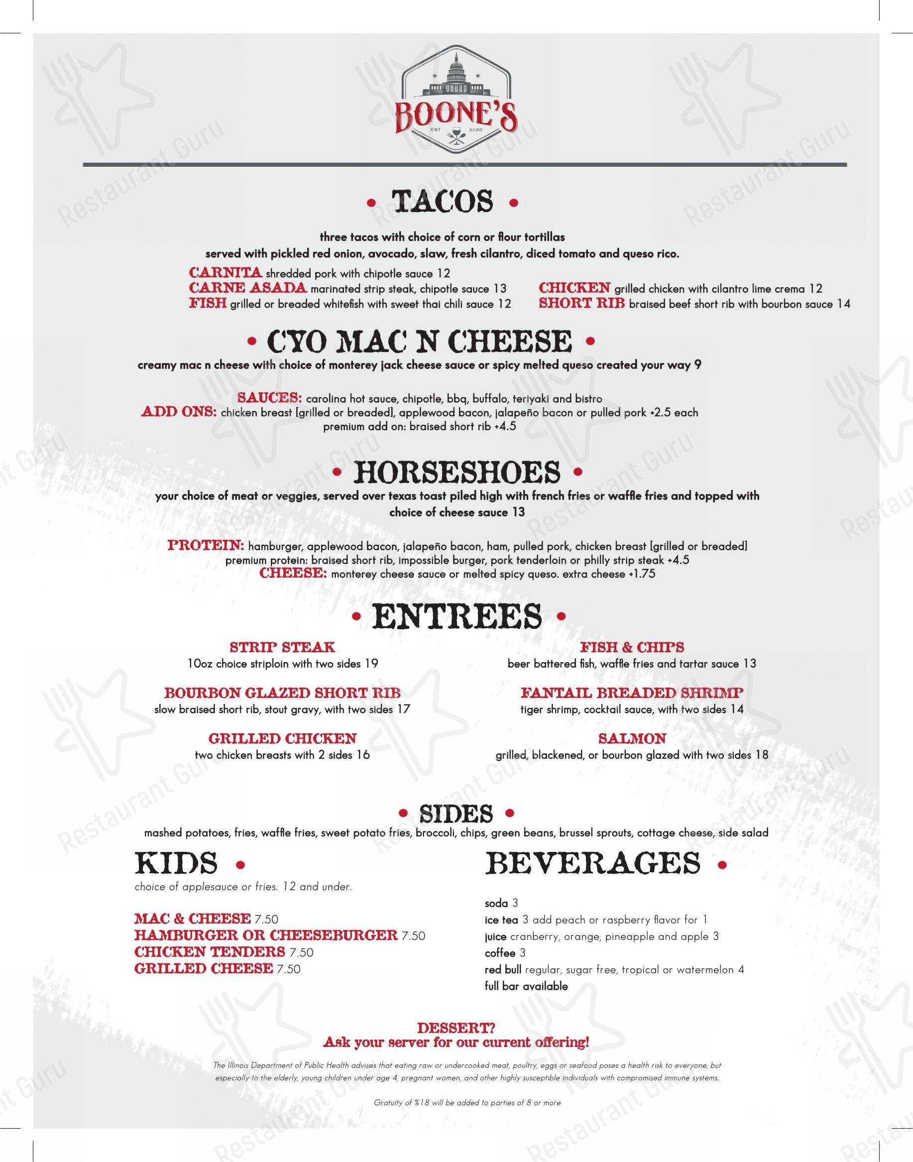 Menu at Boone's pub & bar, Springfield