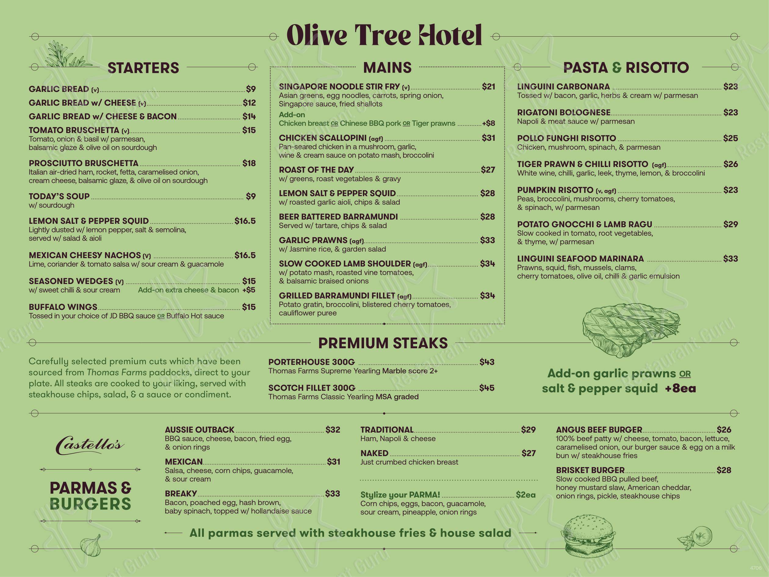 Menu at Castello's Olive Tree Hotel pub & bar, Sunbury