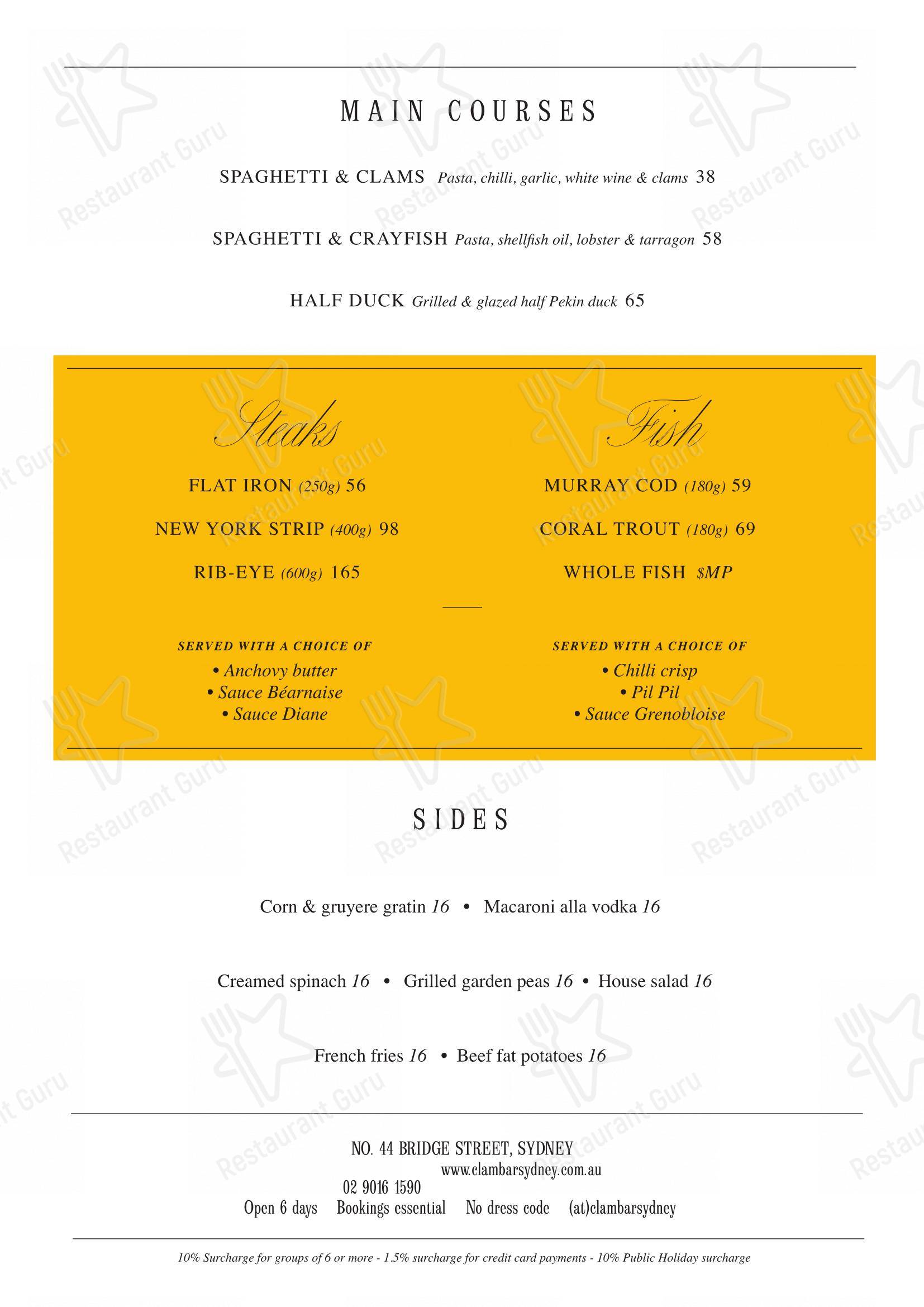 Menu at Clam Bar, Sydney