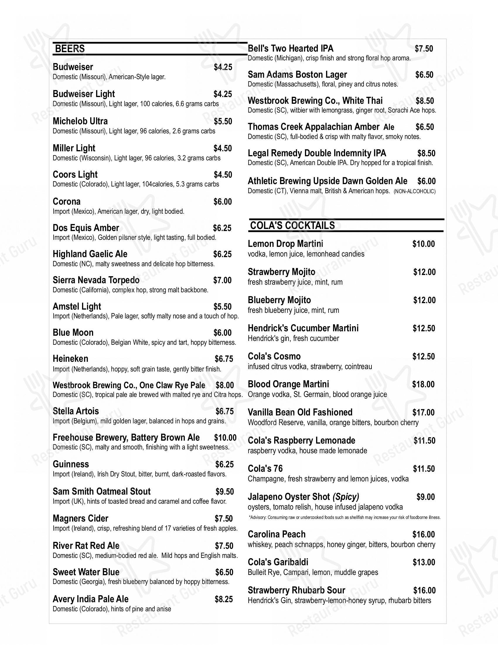 Menu at Cola's Restaurant, Columbia