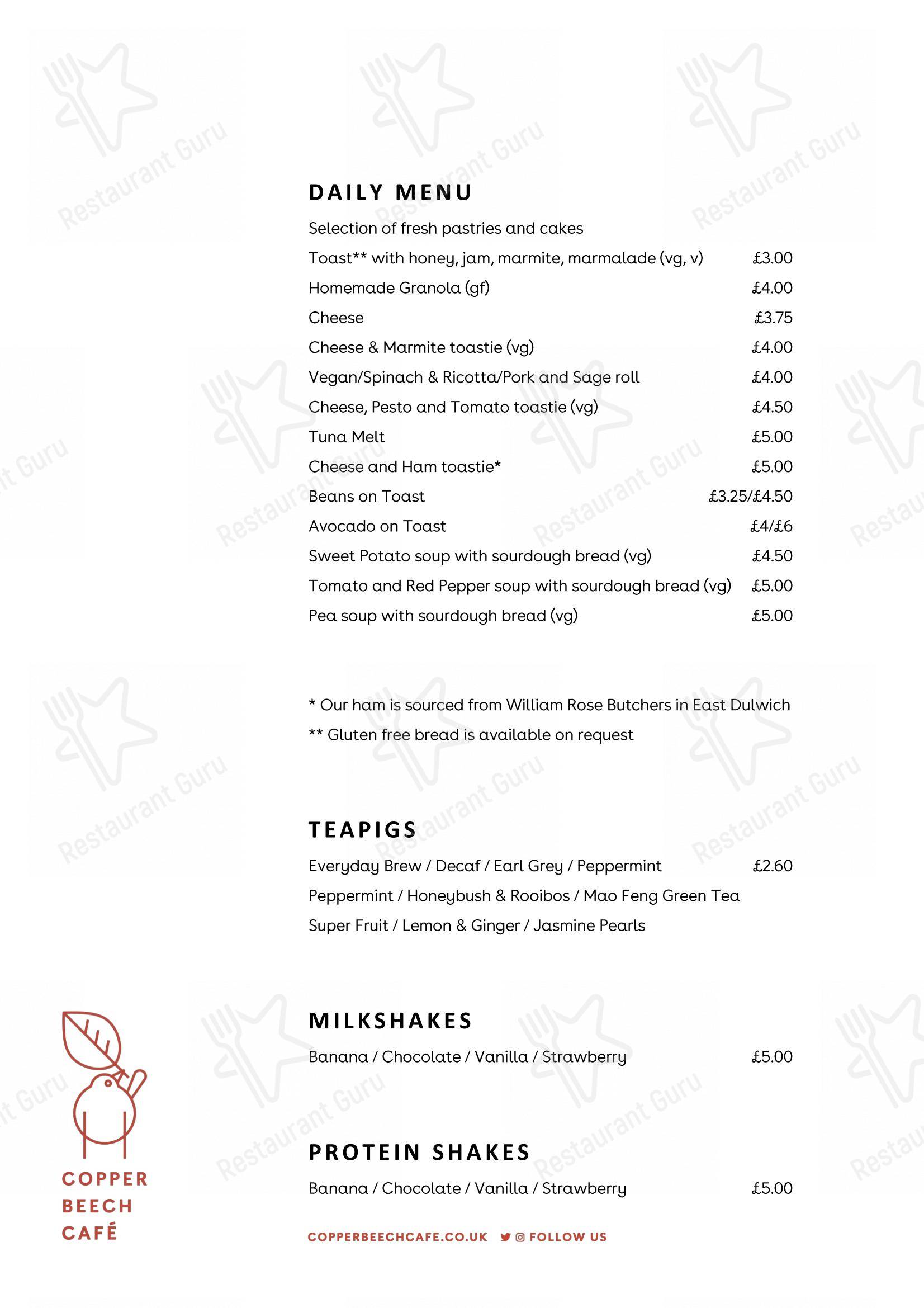 Menu at Copper Beech Café cafe, London