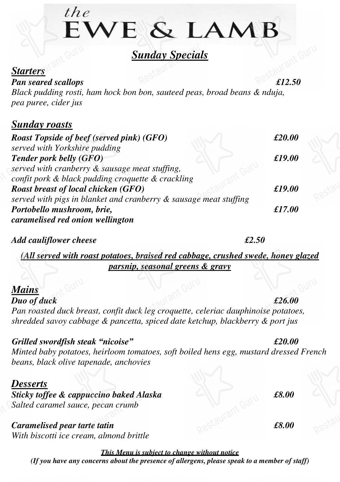 Menu at Ewe & Lamb pub & bar, Bromsgrove