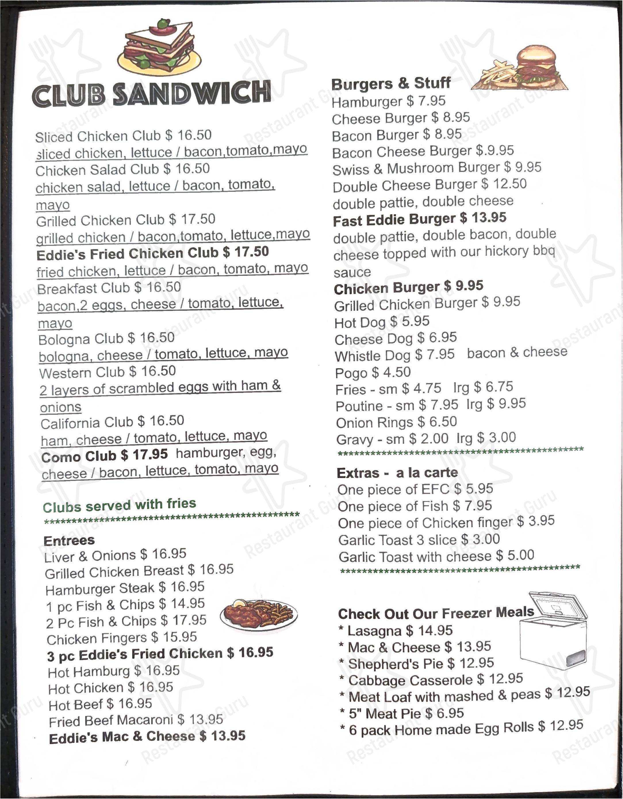 Menu at Fast Eddie's Diner restaurant, Kemptville