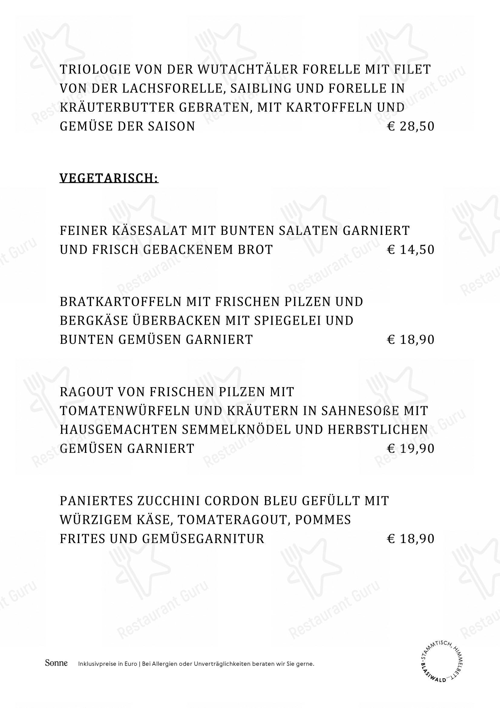 Menu at Gasthaus Sonne Blasiwald restaurant, Schluchsee
