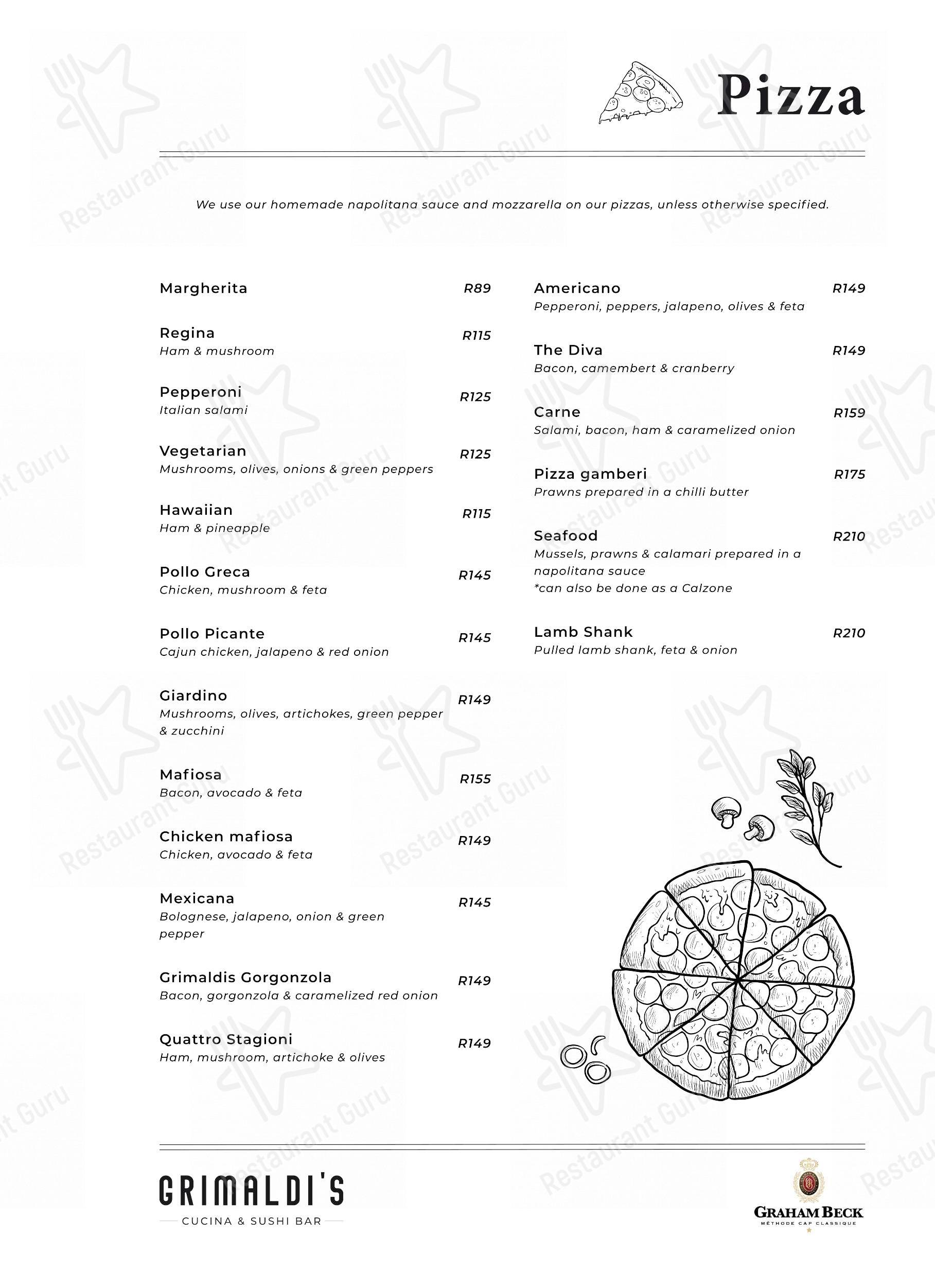 Menu at Grimaldi's restaurant, Durban