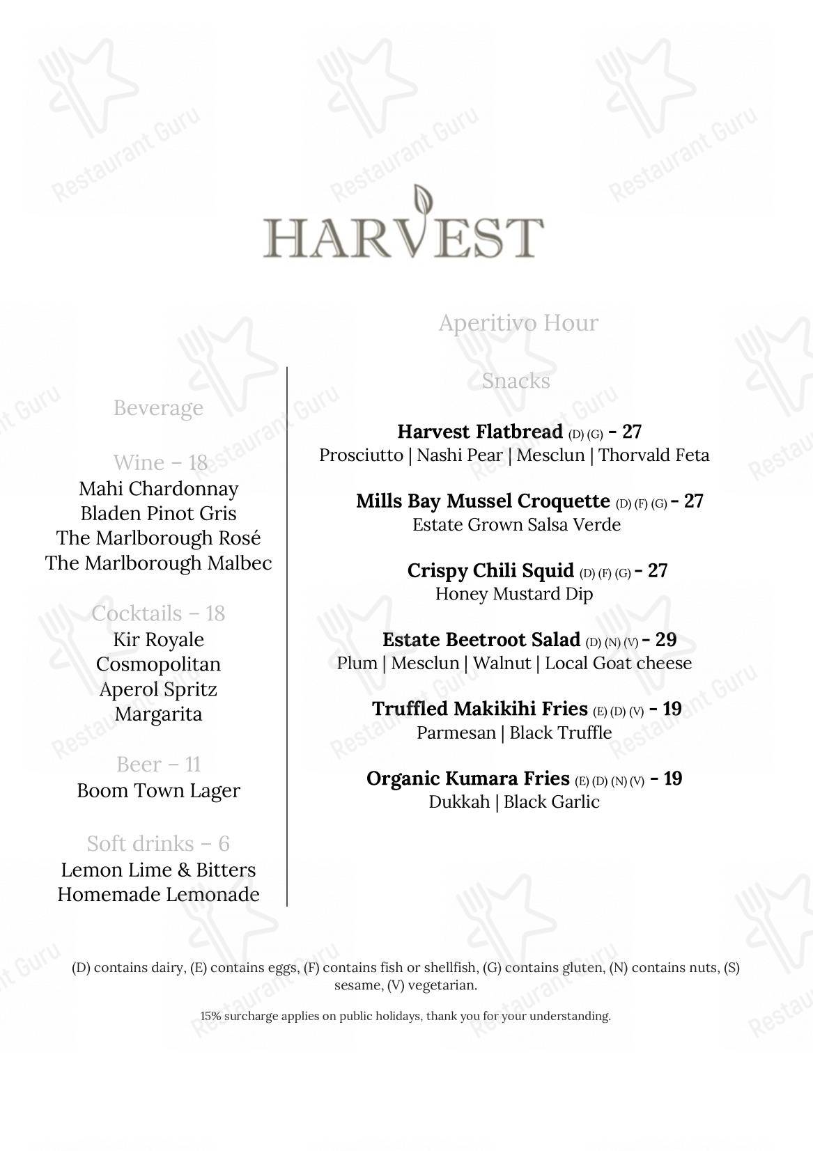 Menu at Harvest Restaurant Blenheim, Rapaura