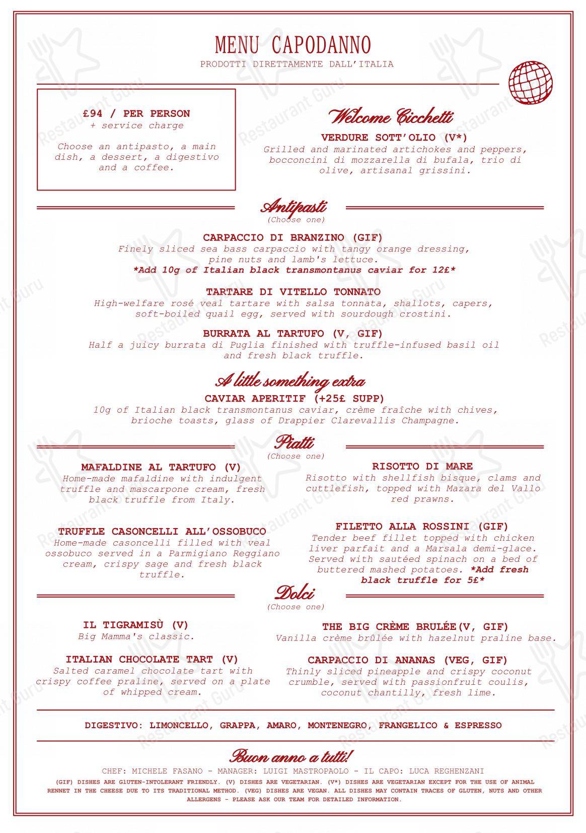 Menu at Jacuzzi restaurant, London