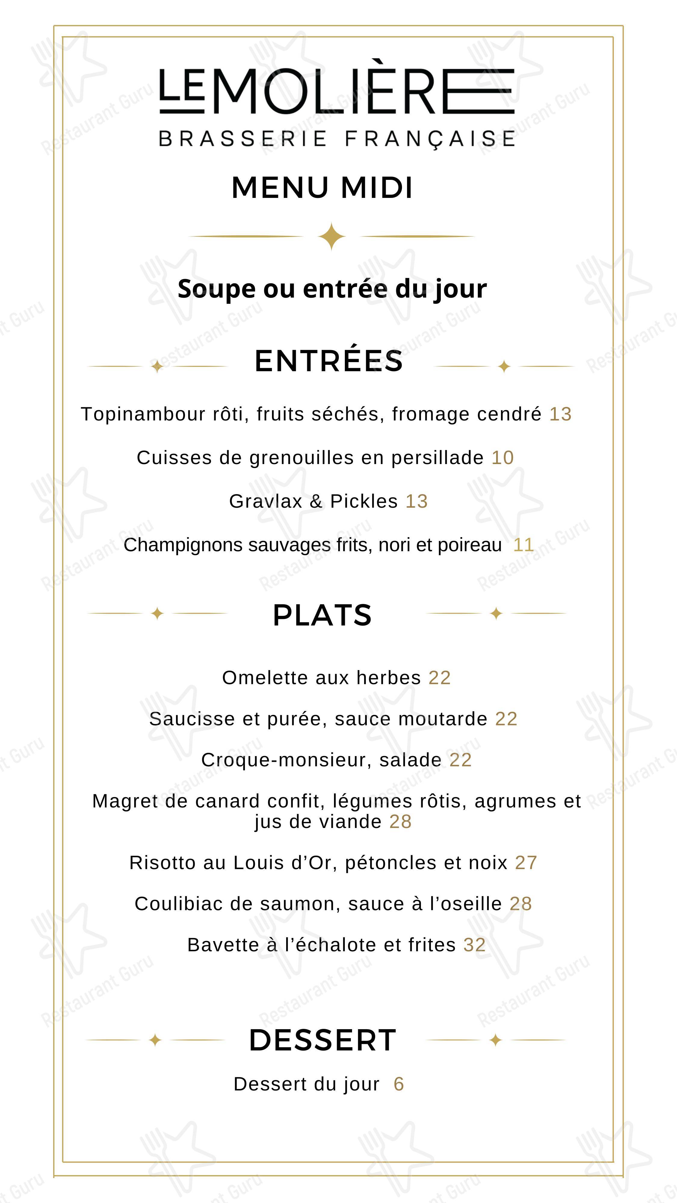Menu au Le Molière Brasserie Française pub et bar, Montréal