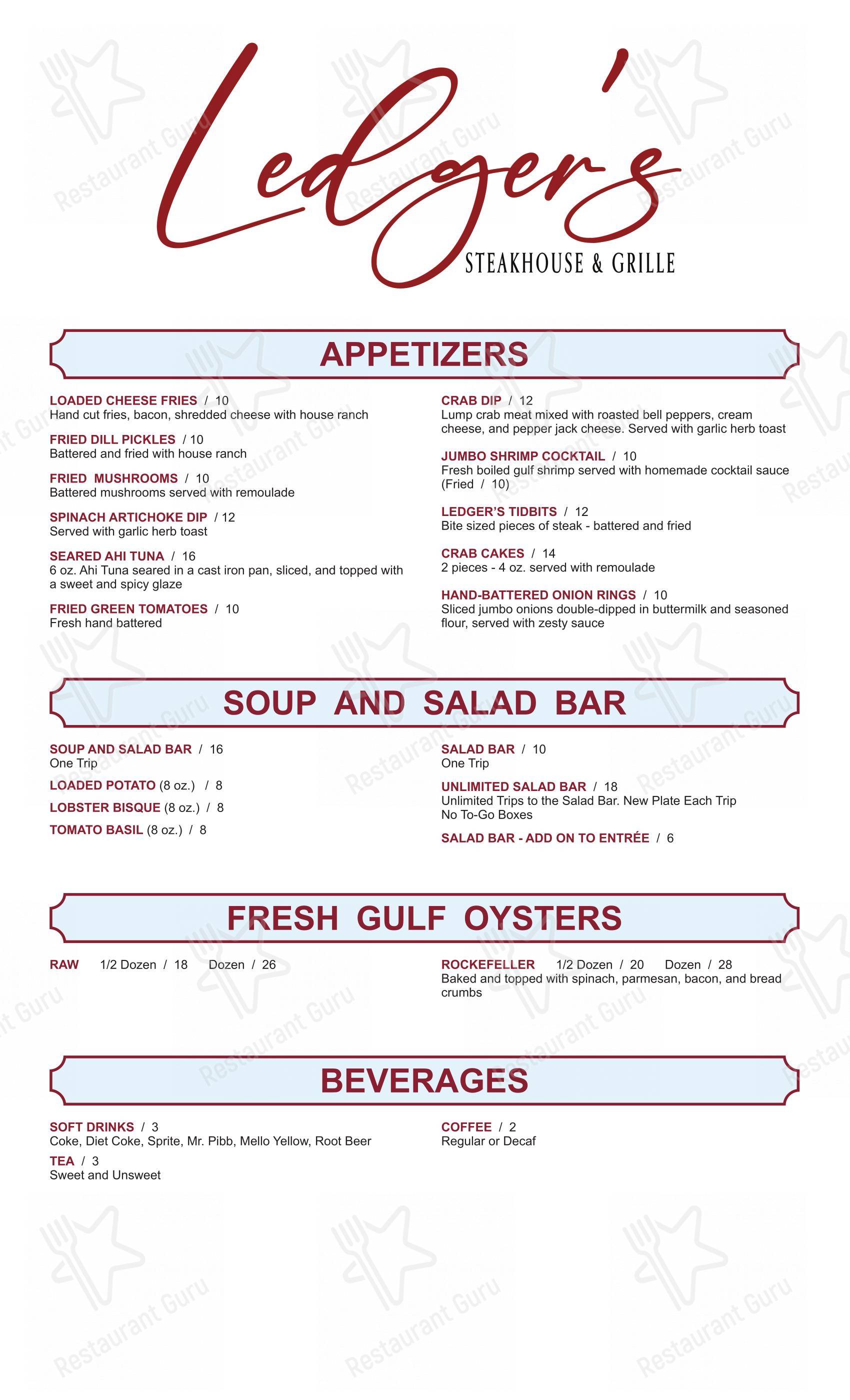 Menu at Ledger's Steakhouse and Grille, Cullman