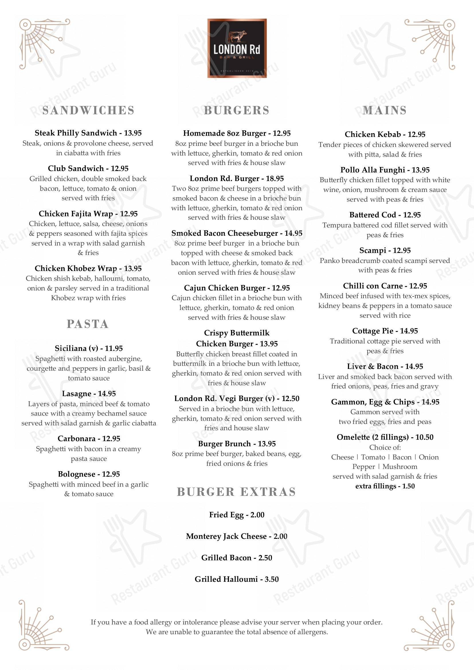 Menu at London Road Bar & Grill, East Grinstead