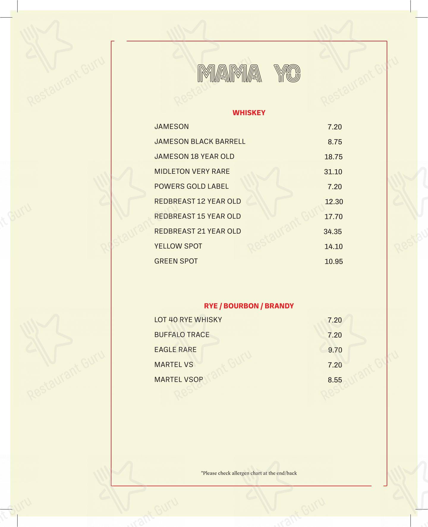 Menu at Mama Yo restaurant, Dublin