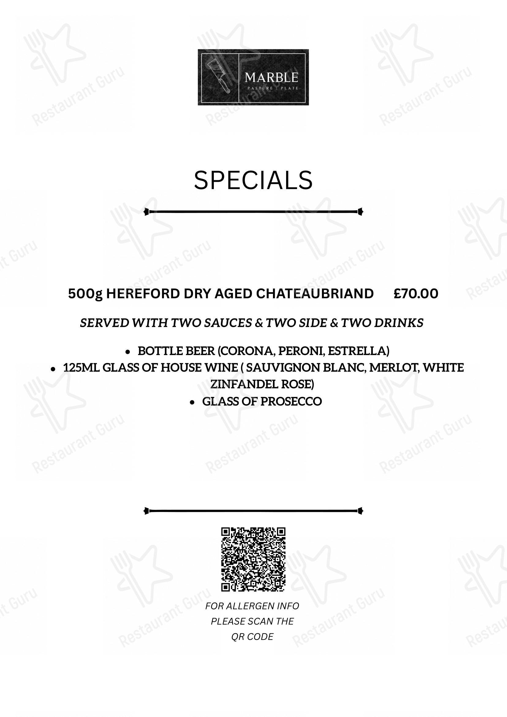 Menu at Marble Steakhouse, Bridgend