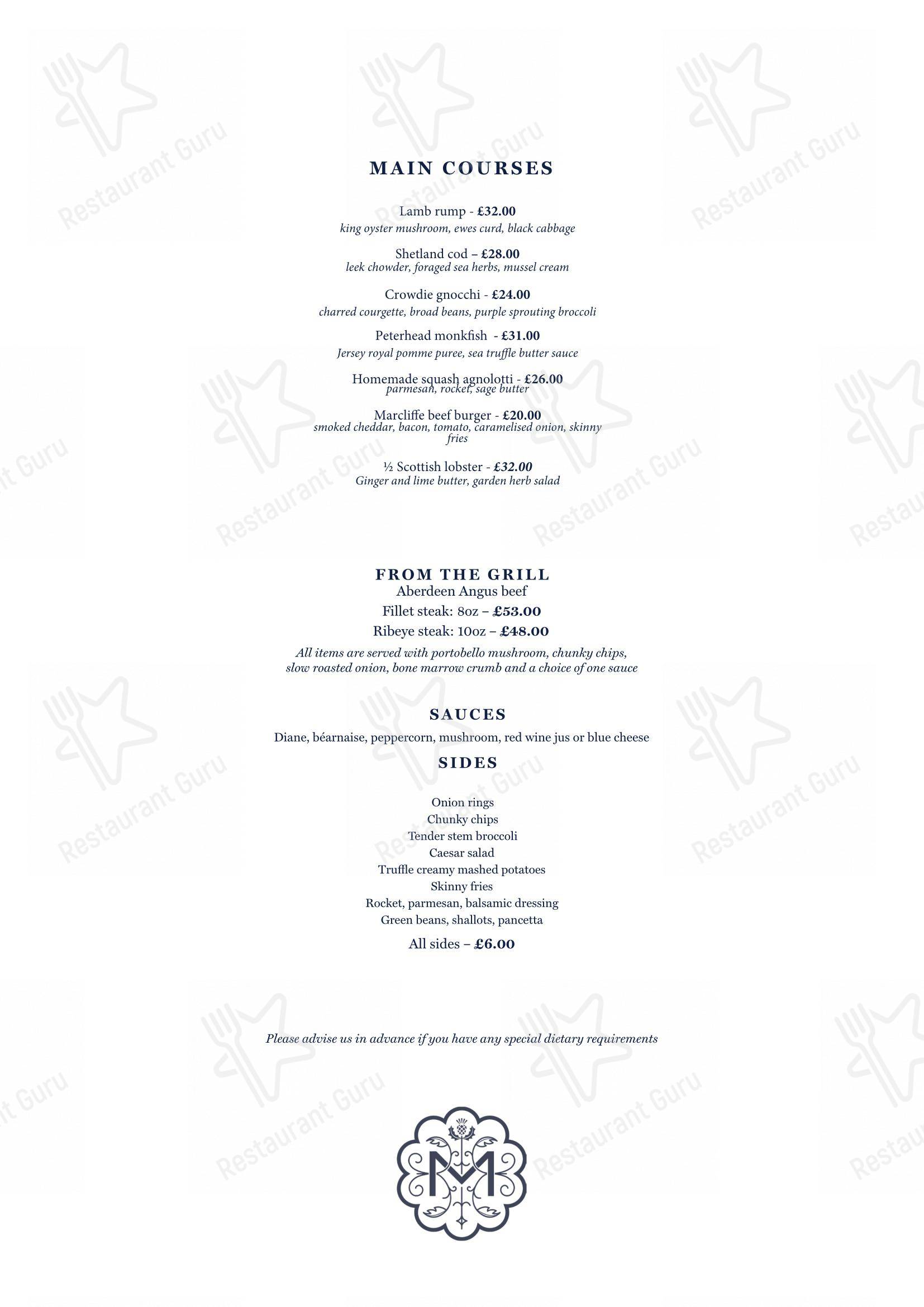 Menu at Marcliffe restaurant, Aberdeen