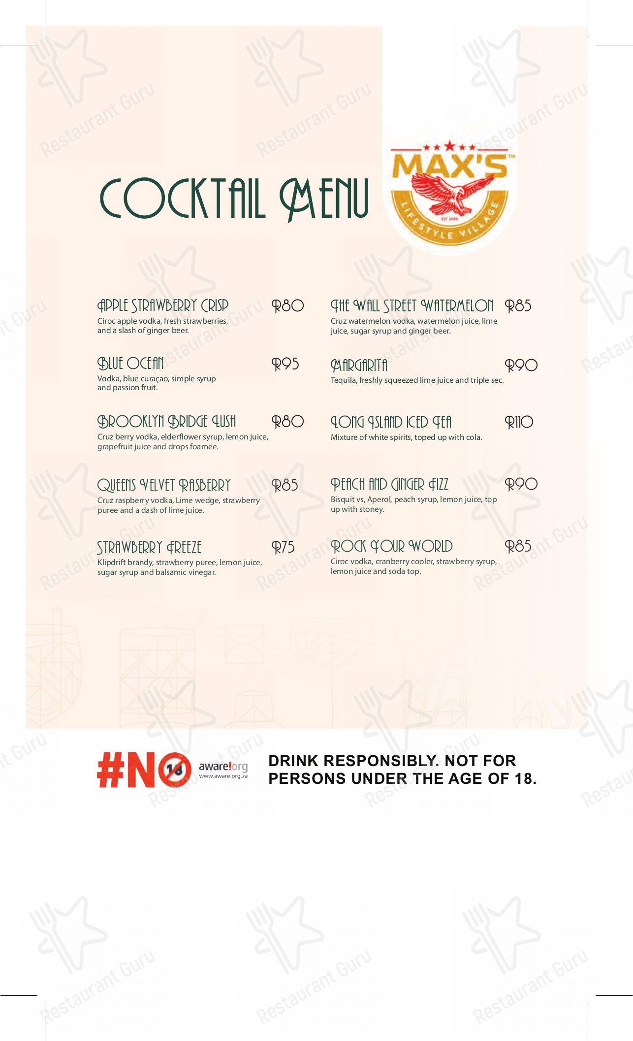 Menu at Max's Lifestyle pub & bar, Durban, Durban