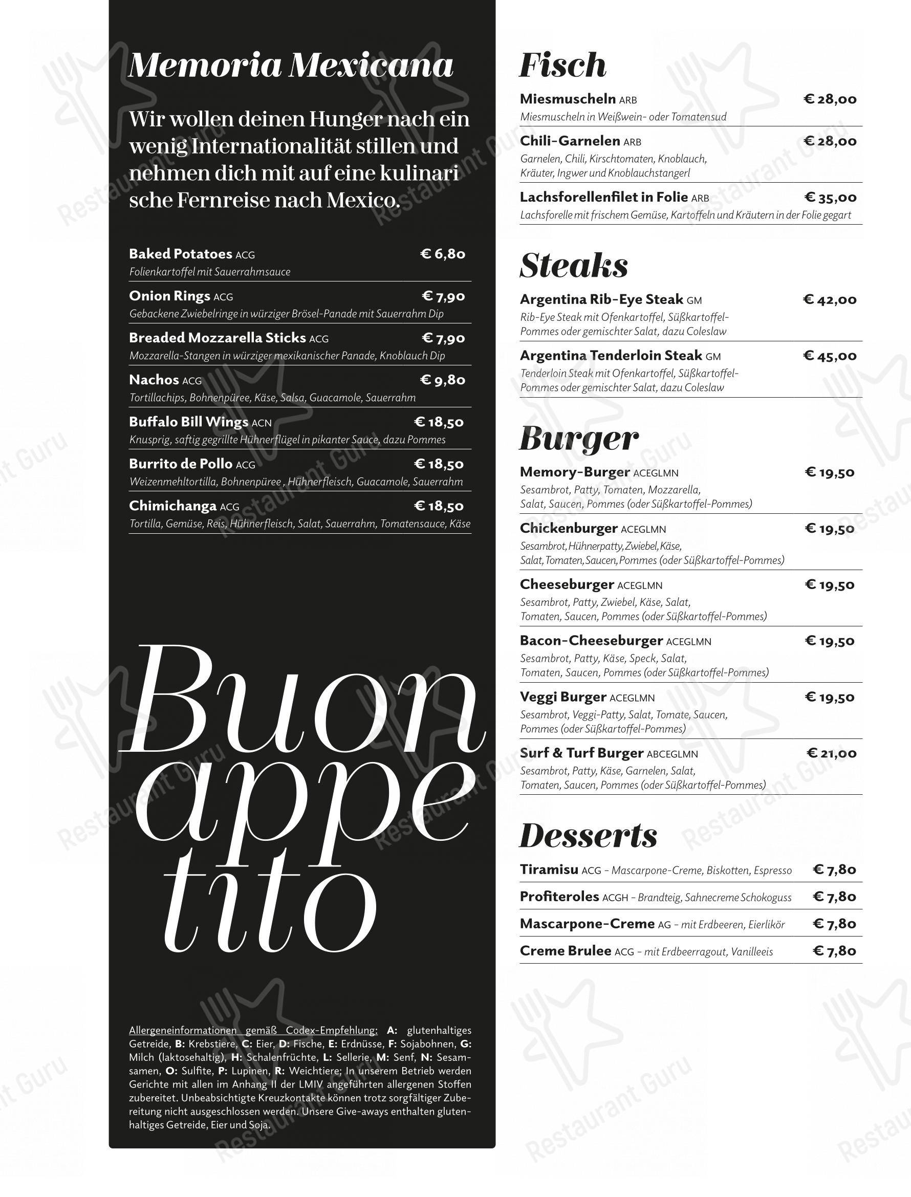 Speisekarte von Memory Cafe Bar Ristorante, Ellmau