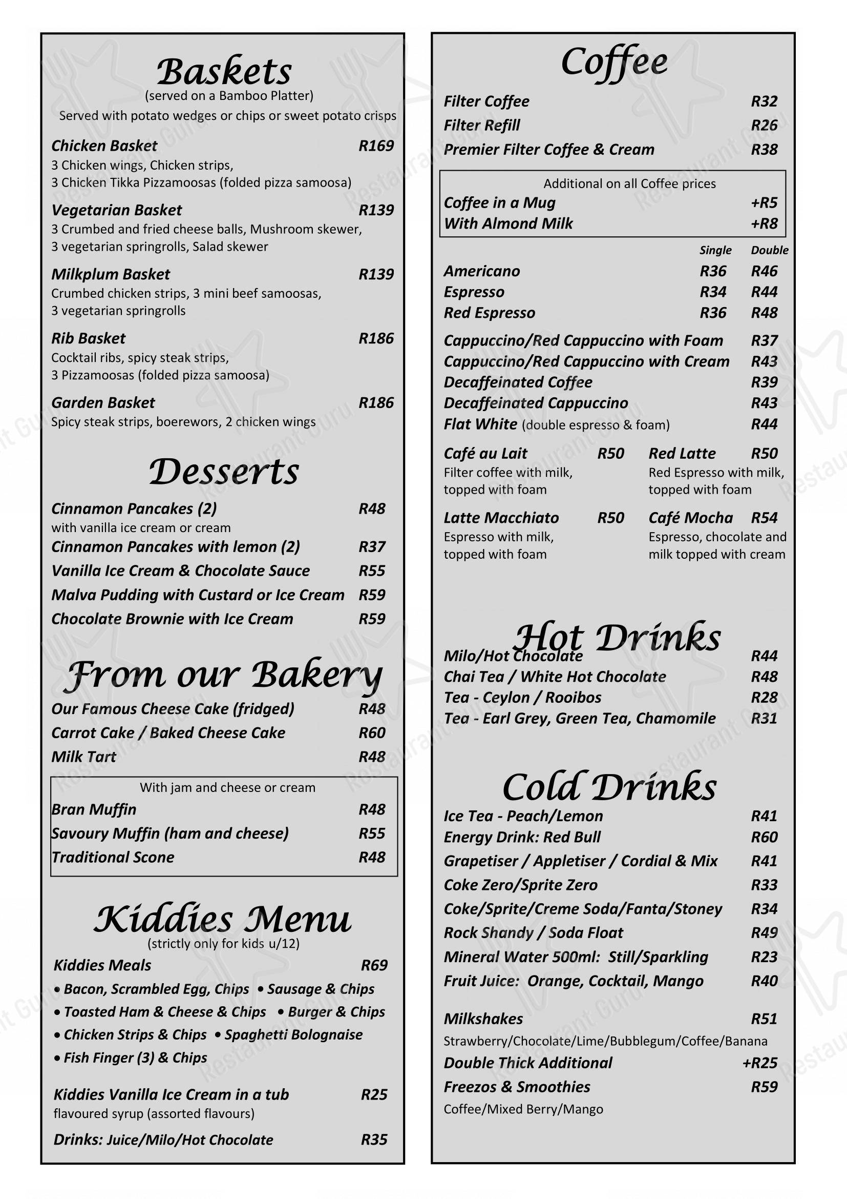 Menu at Milkplum Cafe, Pretoria, 2 Cussonia Ave