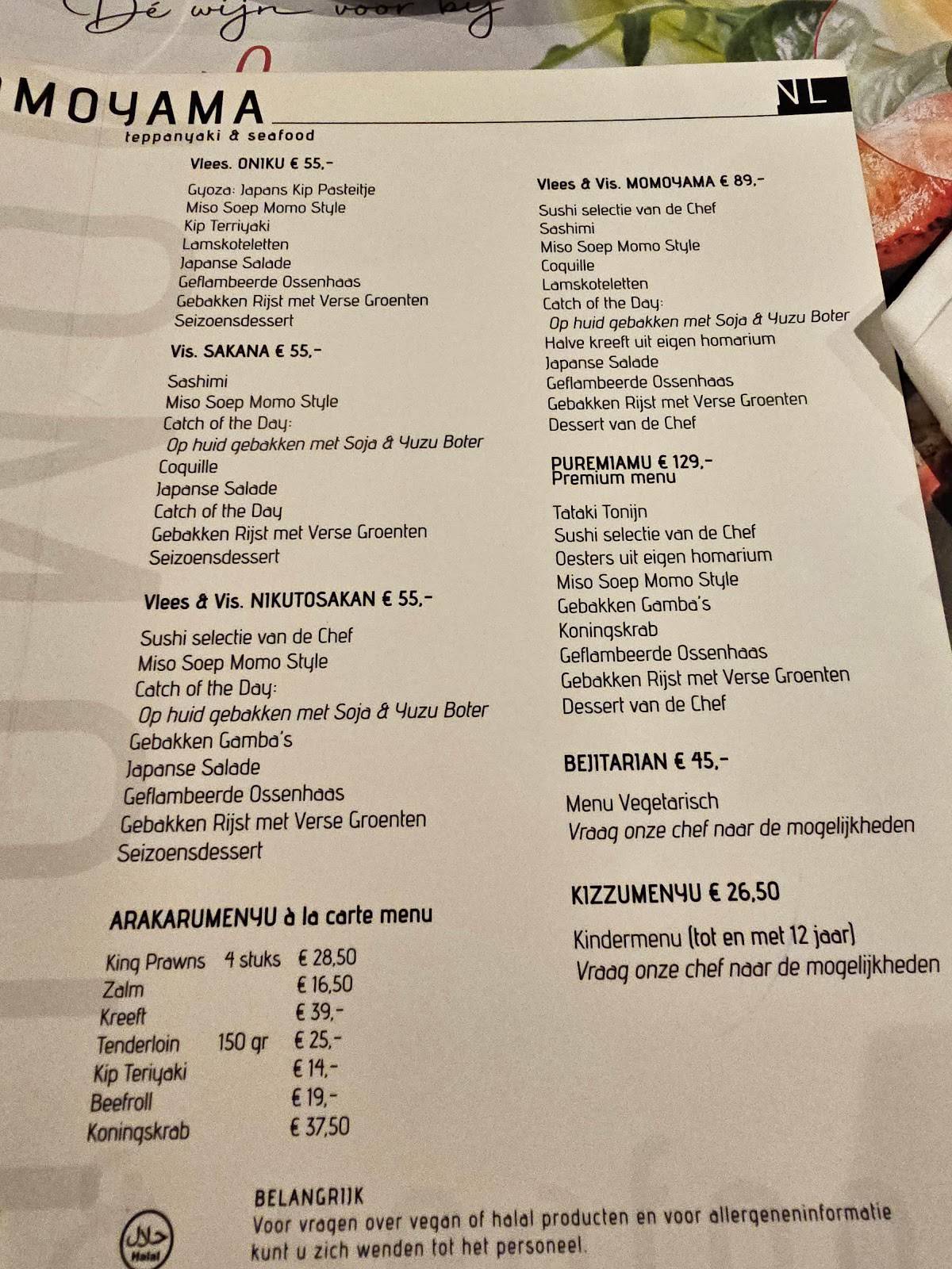 Menu bij restaurant Momoyama, Eindhoven