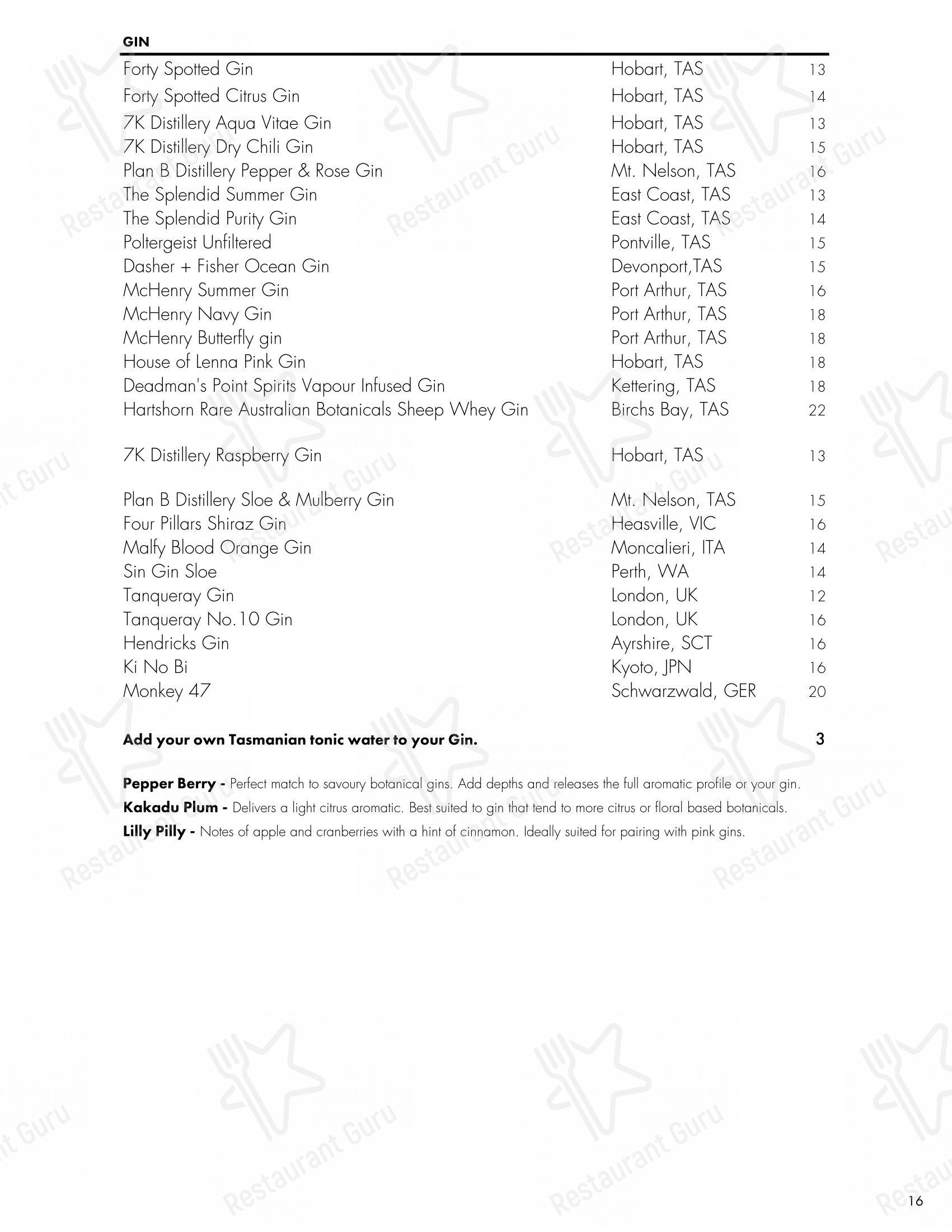 Menu at Mures Upper Deck restaurant, Hobart