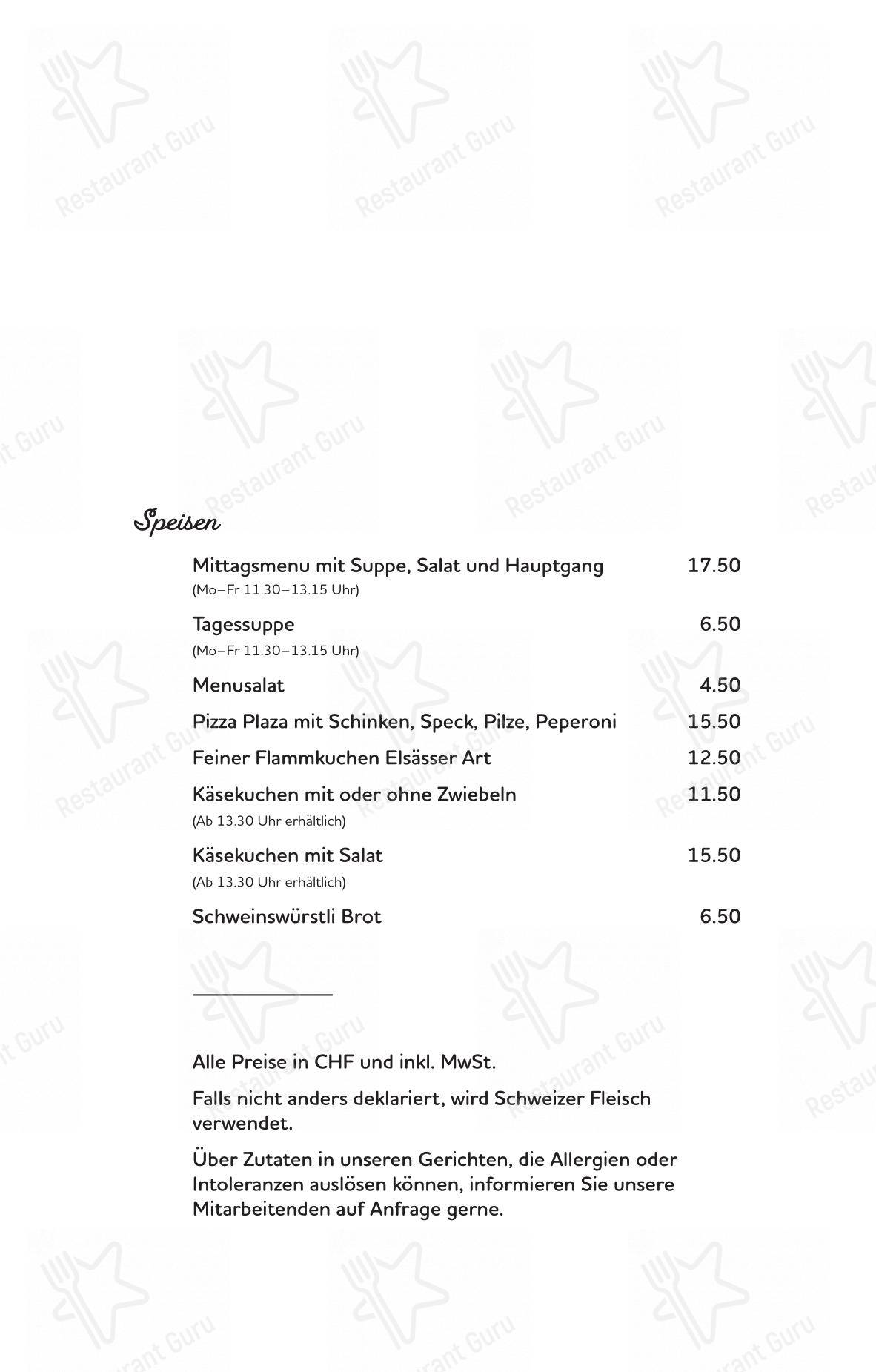 Menu au Nadia's Plaza, Küssnacht
