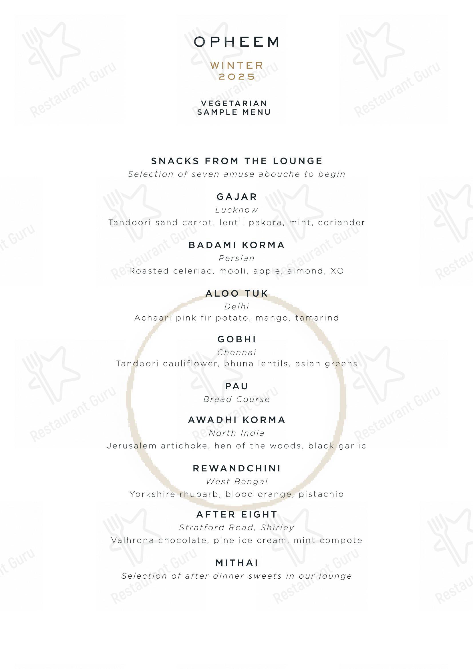 Menu at Opheem restaurant, Birmingham