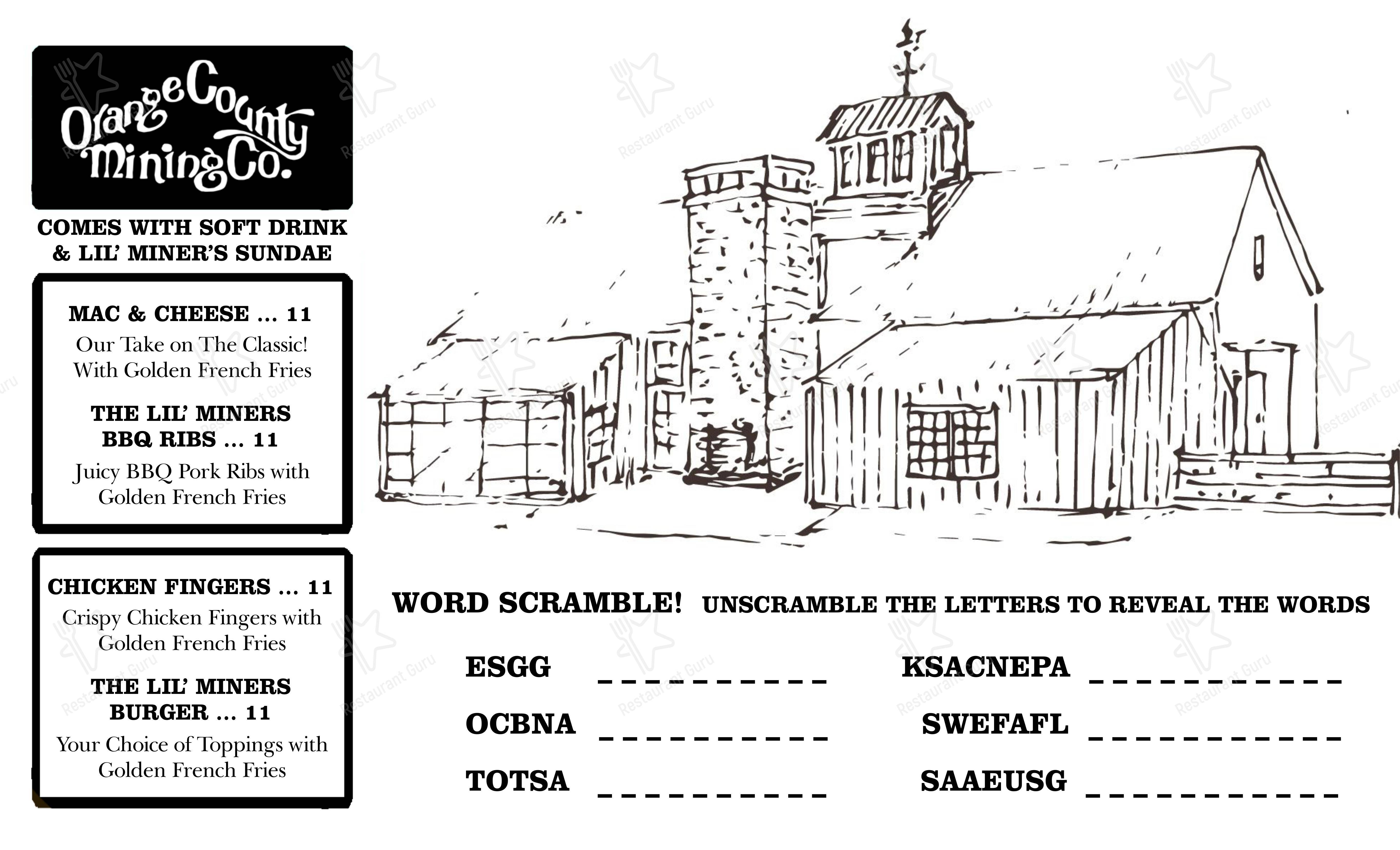 Menu at Orange County Mining Co pub & bar, North Tustin