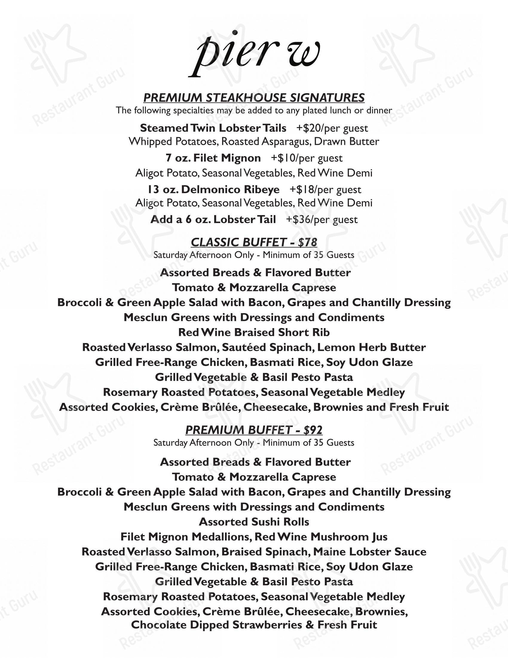 Menu at Pier W restaurant, Lakewood