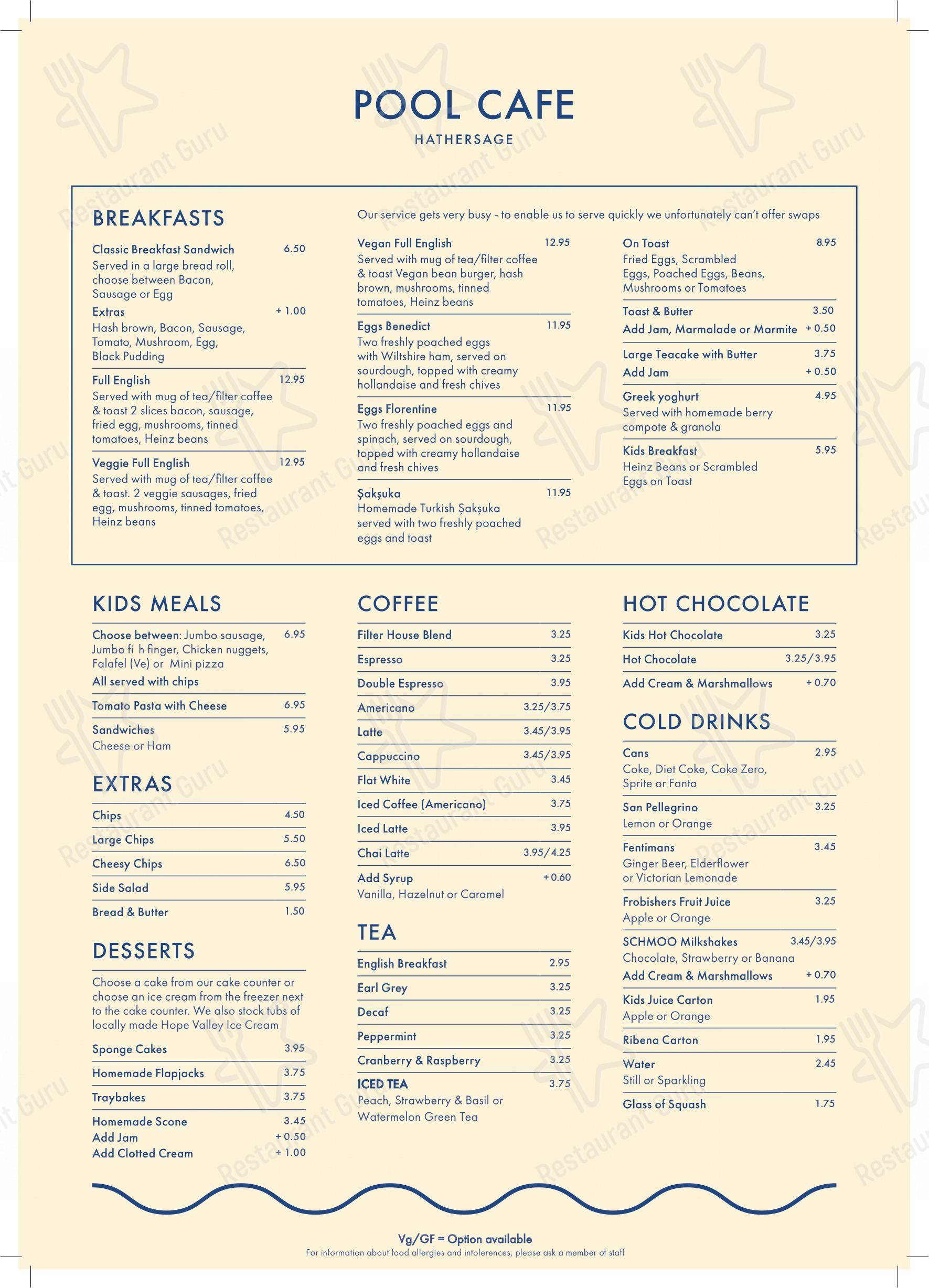 Menu at Pool Cafe, Hathersage