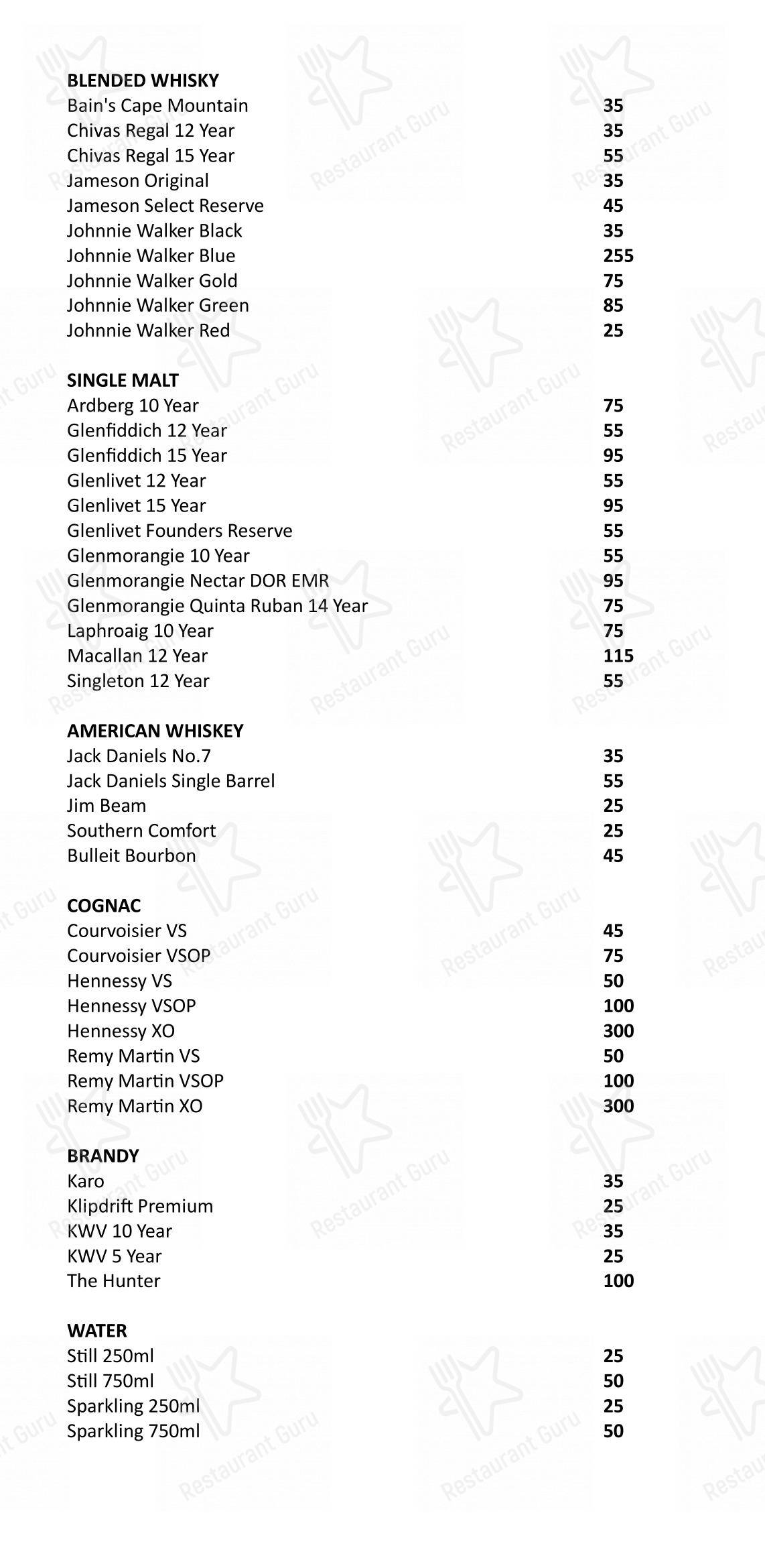Menu at Rockefeller Hotel & Residence cafe, Cape Town