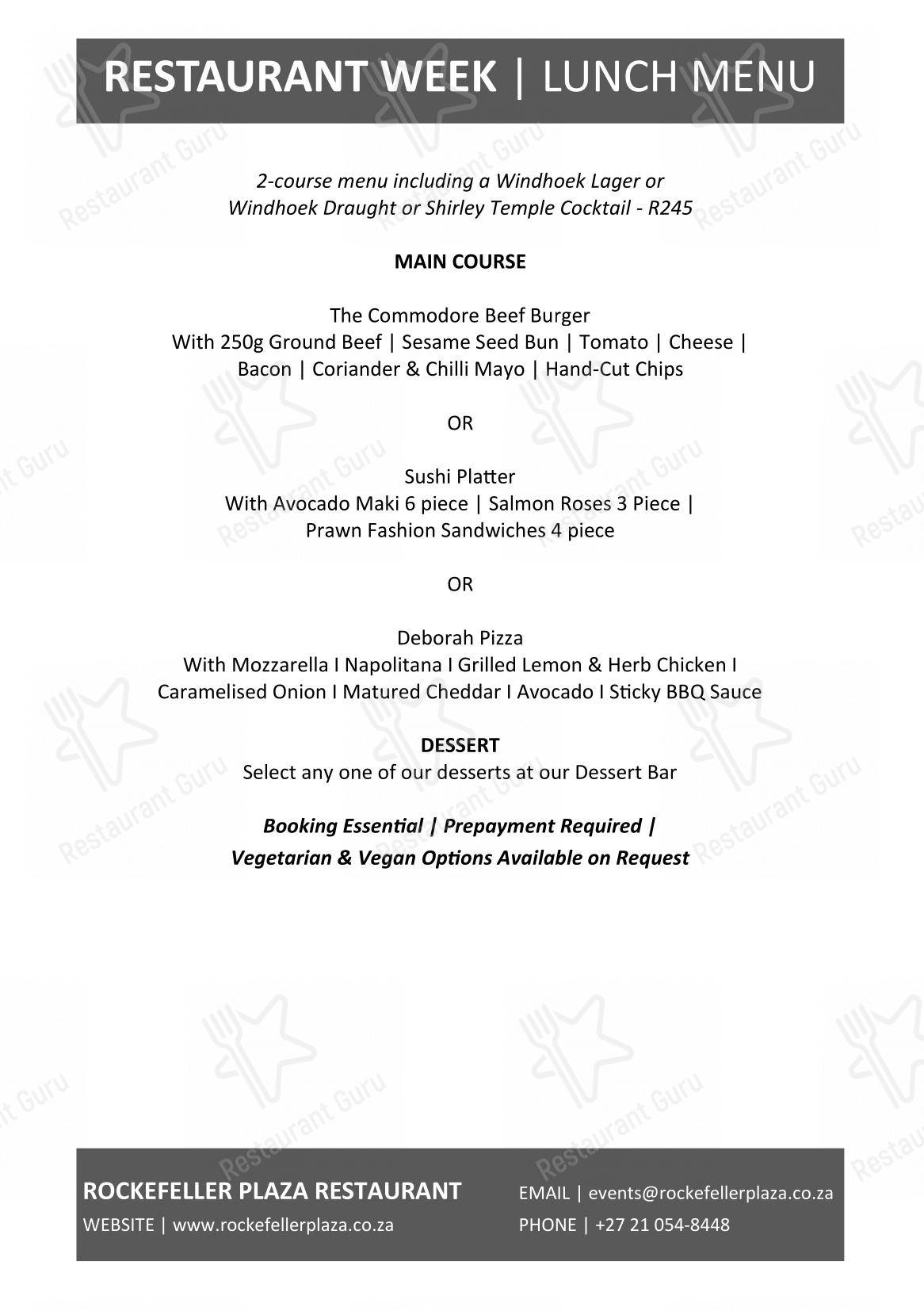 Menu at Rockefeller Hotel & Residence cafe, Cape Town