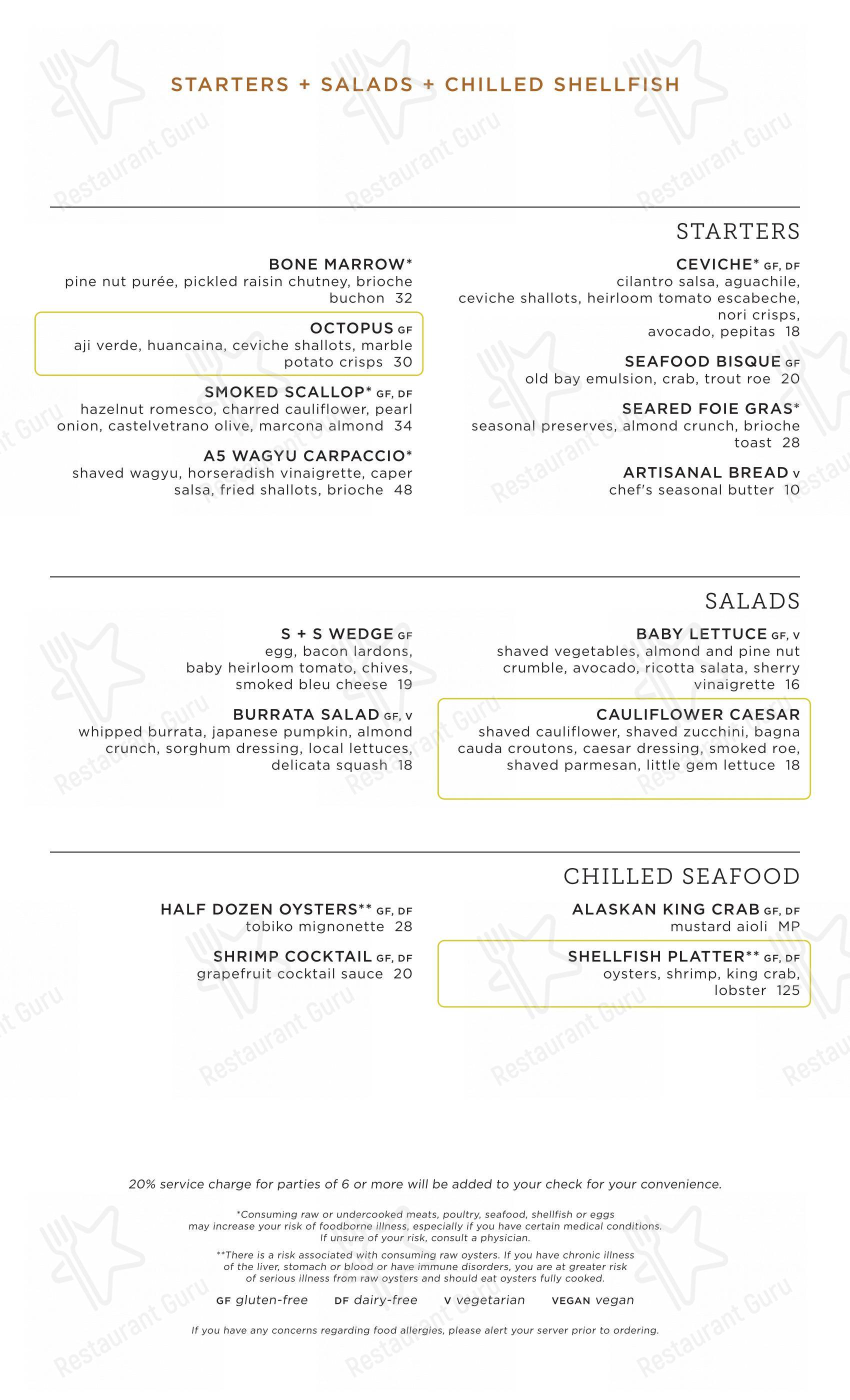 Menu at Sear + Sea Woodfire Grill steakhouse, Orlando