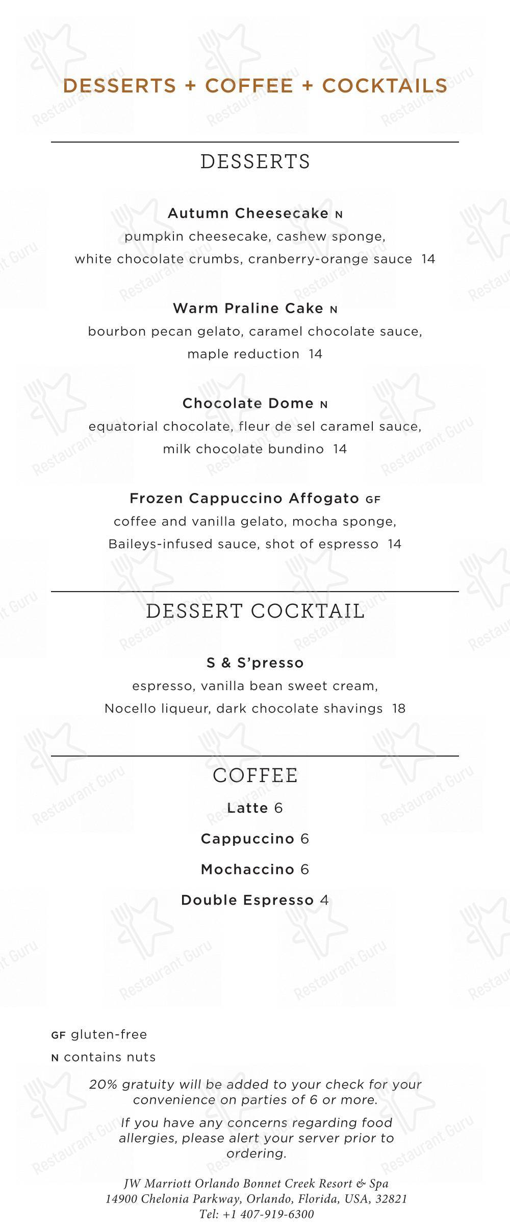 Menu at Sear + Sea Woodfire Grill steakhouse, Orlando