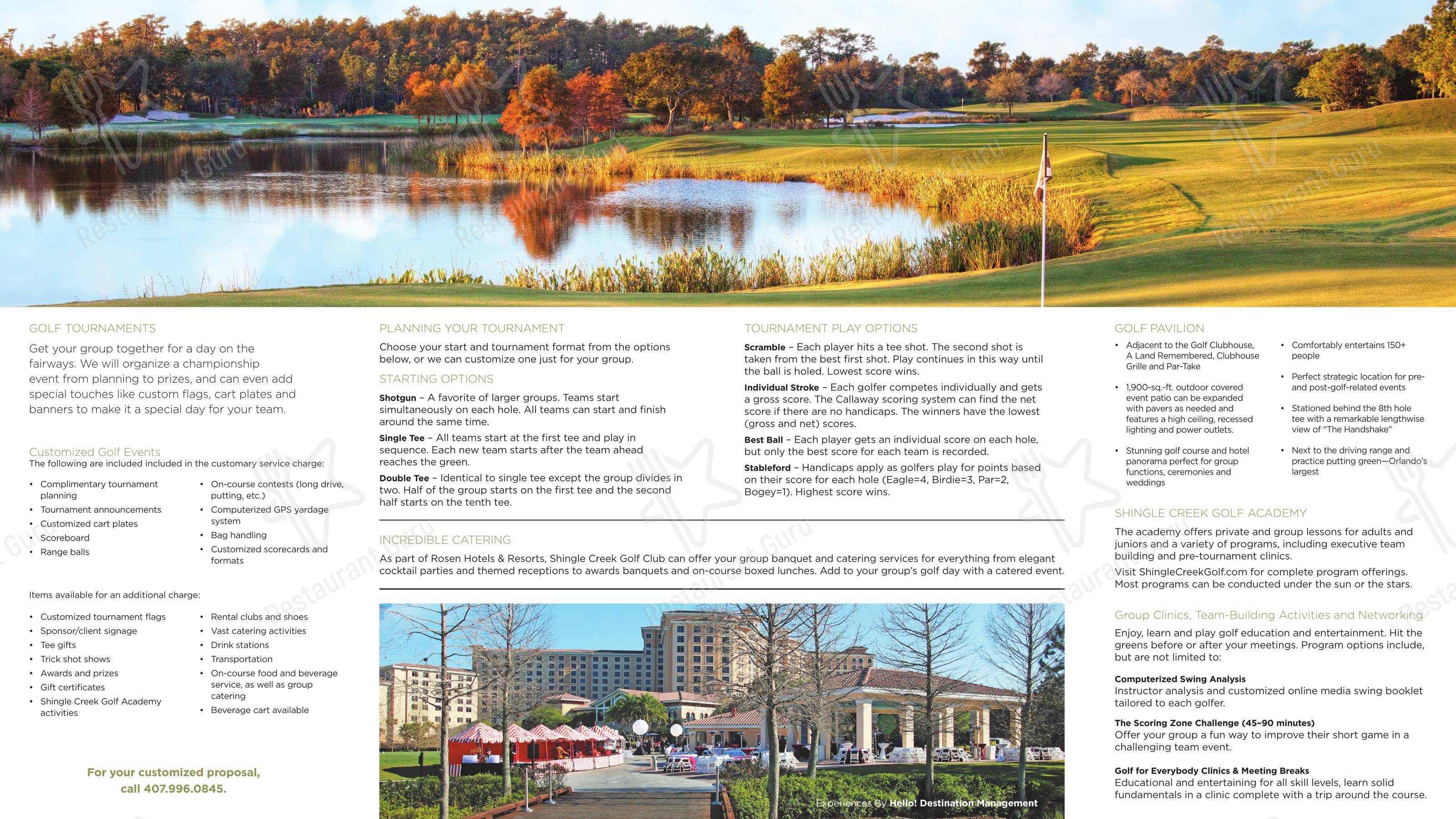 Menu at Shingle Creek Clubhouse Grille, Orlando