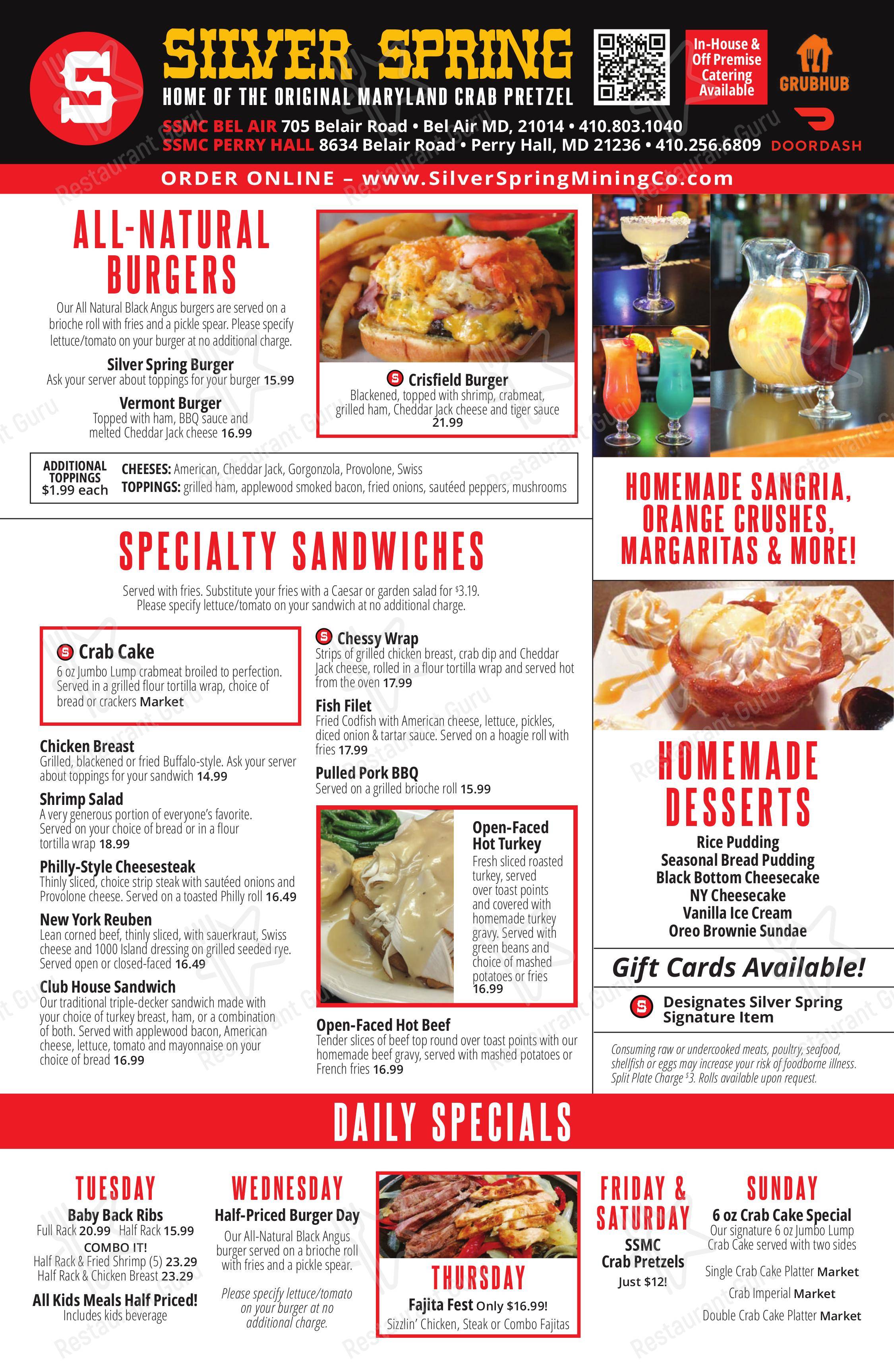 Menu at Silver Spring Mining Company pub & bar, Perry Hall