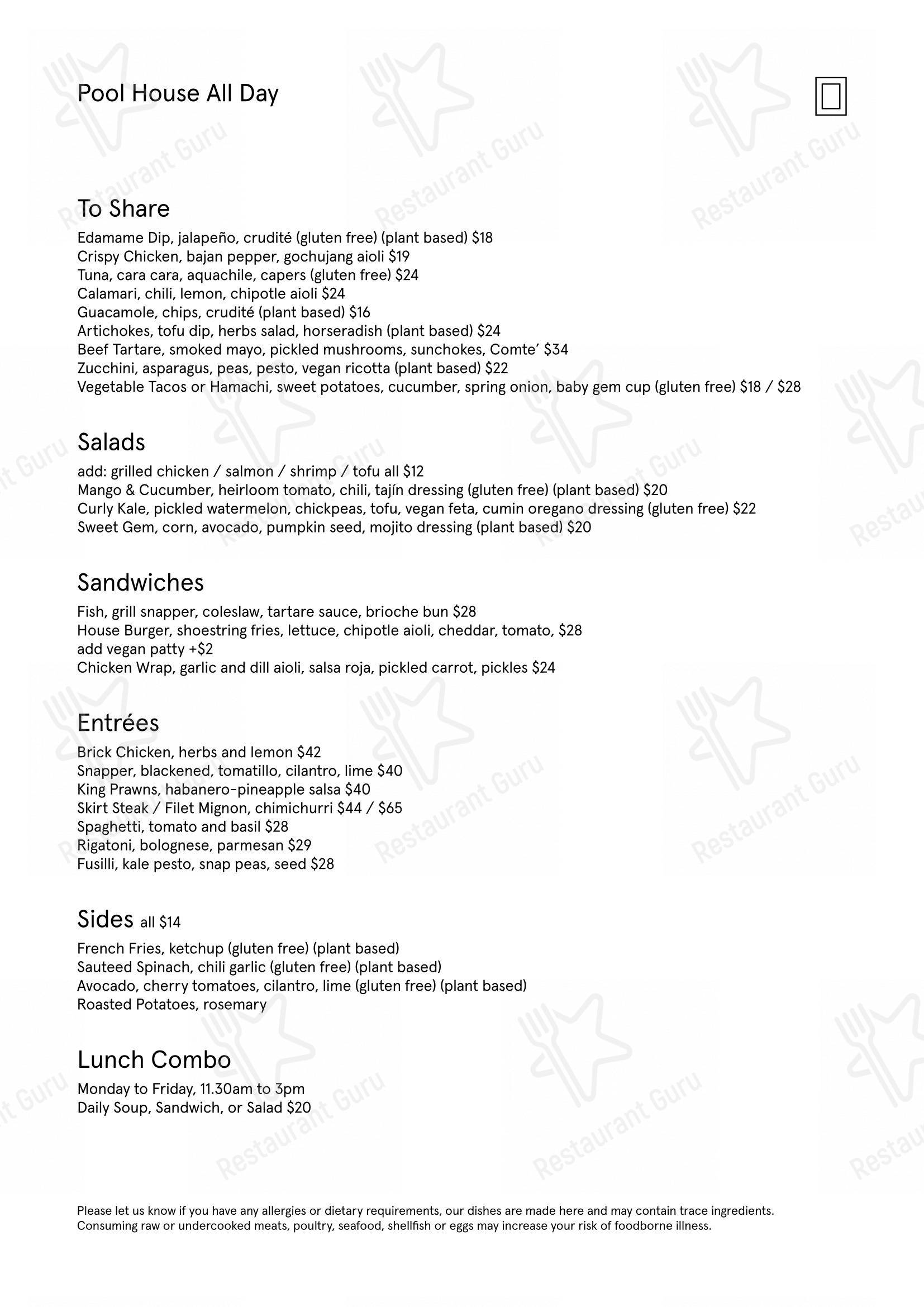 Menu at Soho Beach House pub & bar, Miami Beach