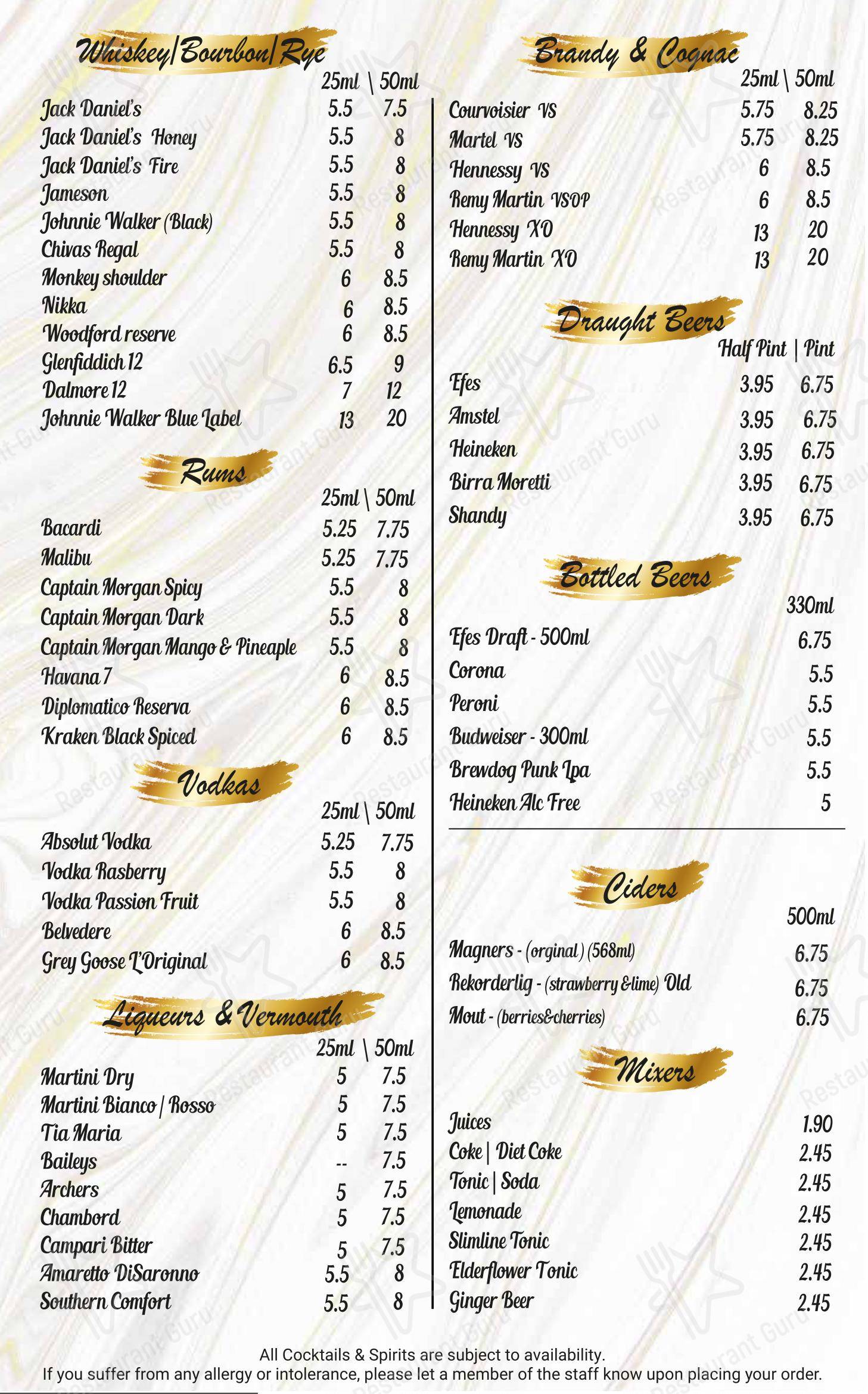 Menu at Sortie Grill & Bar, Hornchurch