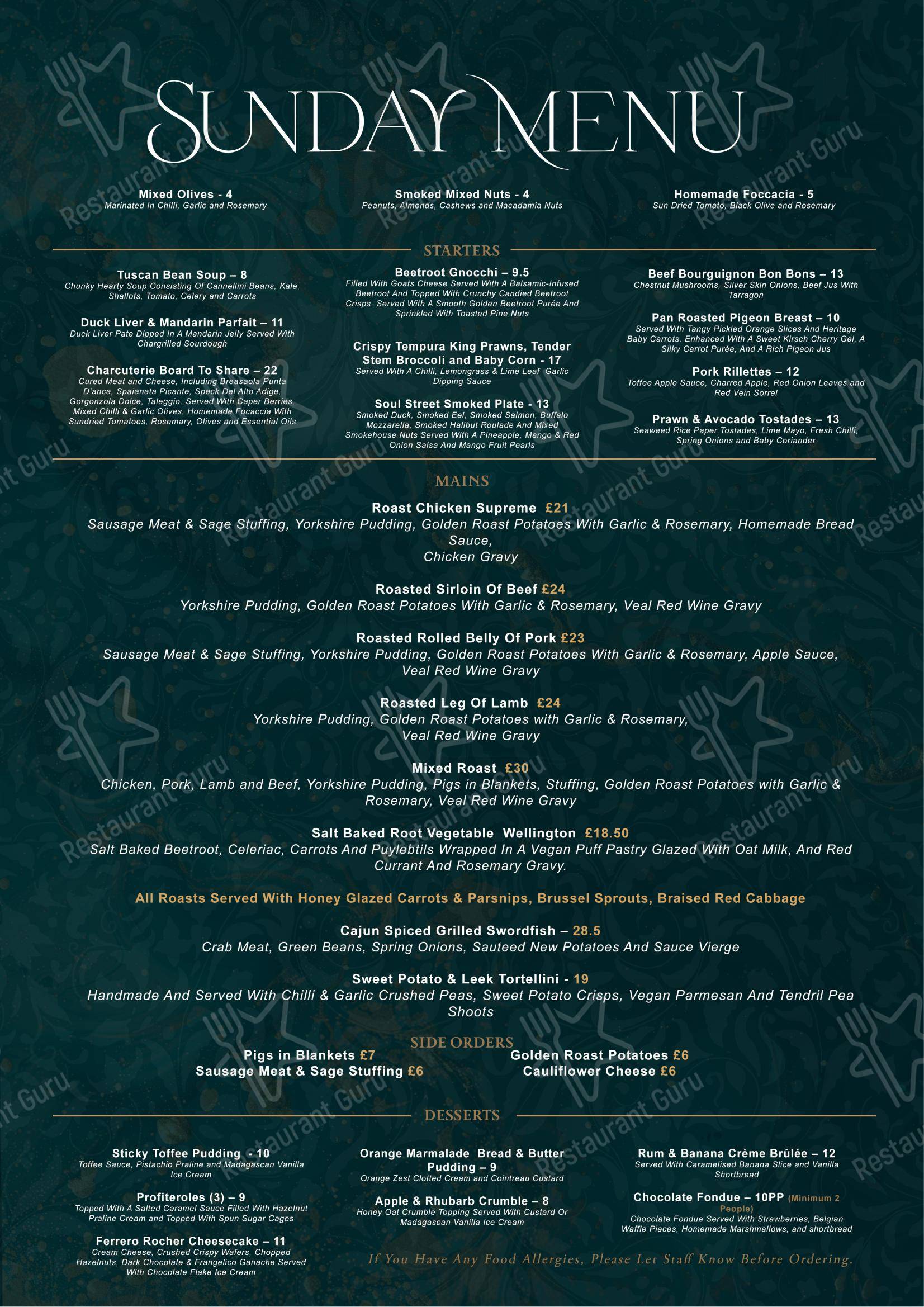 Menu at Soul Street London restaurant, Sidcup