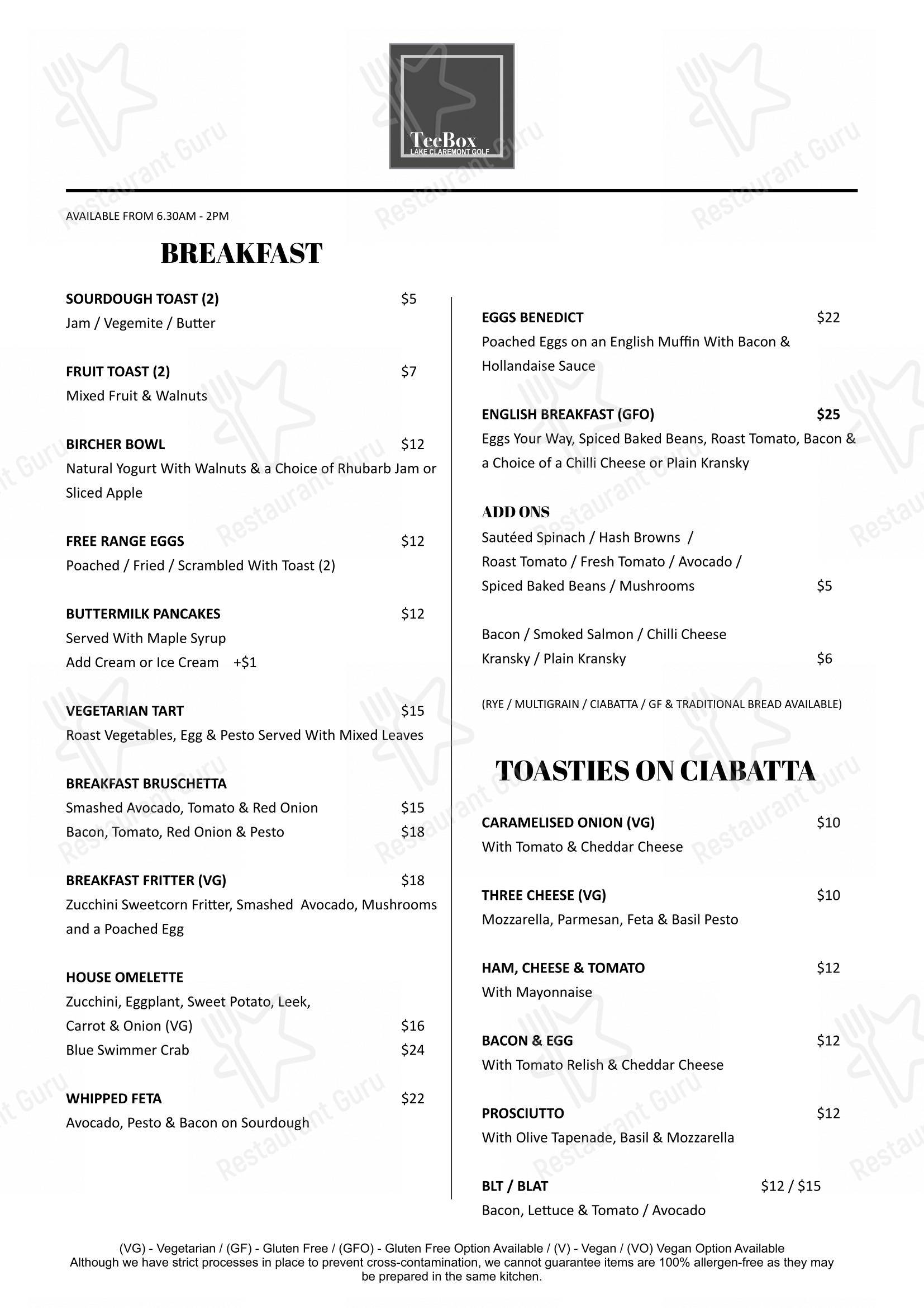 Menu at Teebox Cafe, Claremont