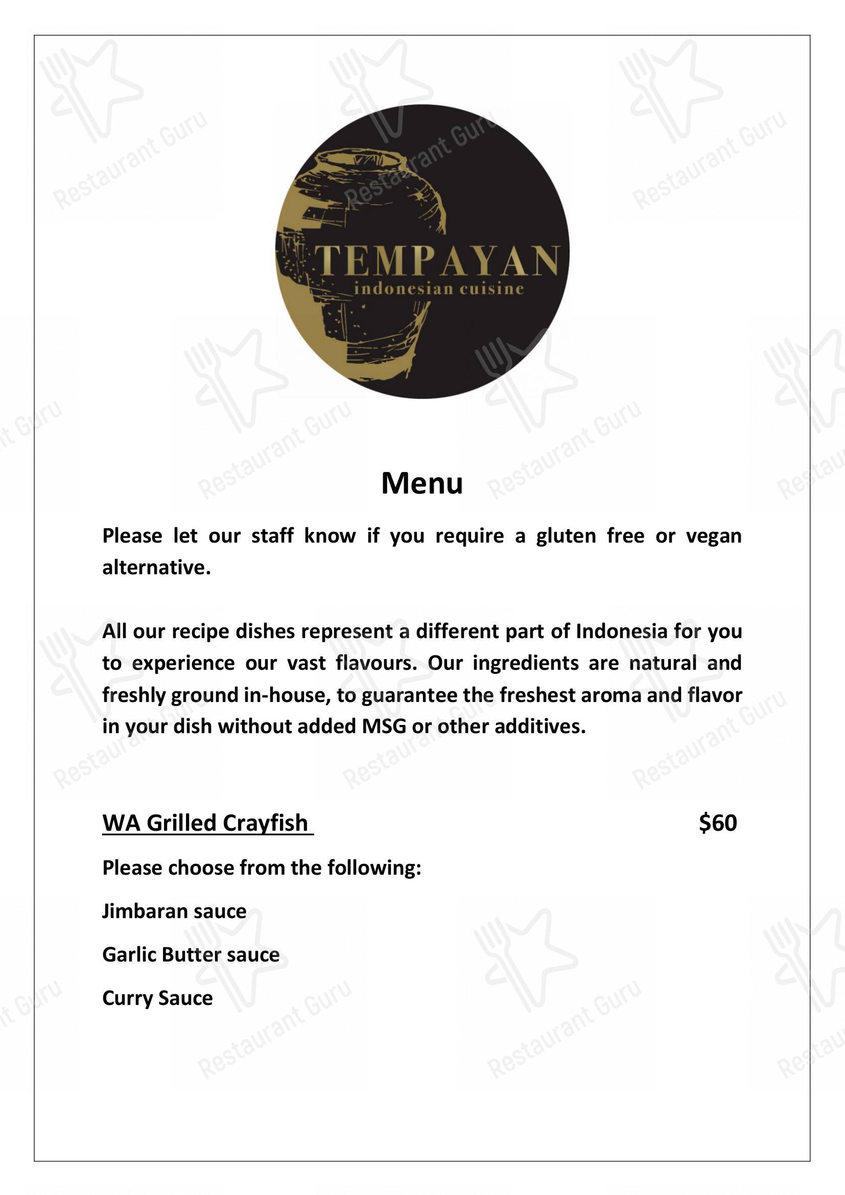 Menu at Tempayan Bay restaurant, East Perth