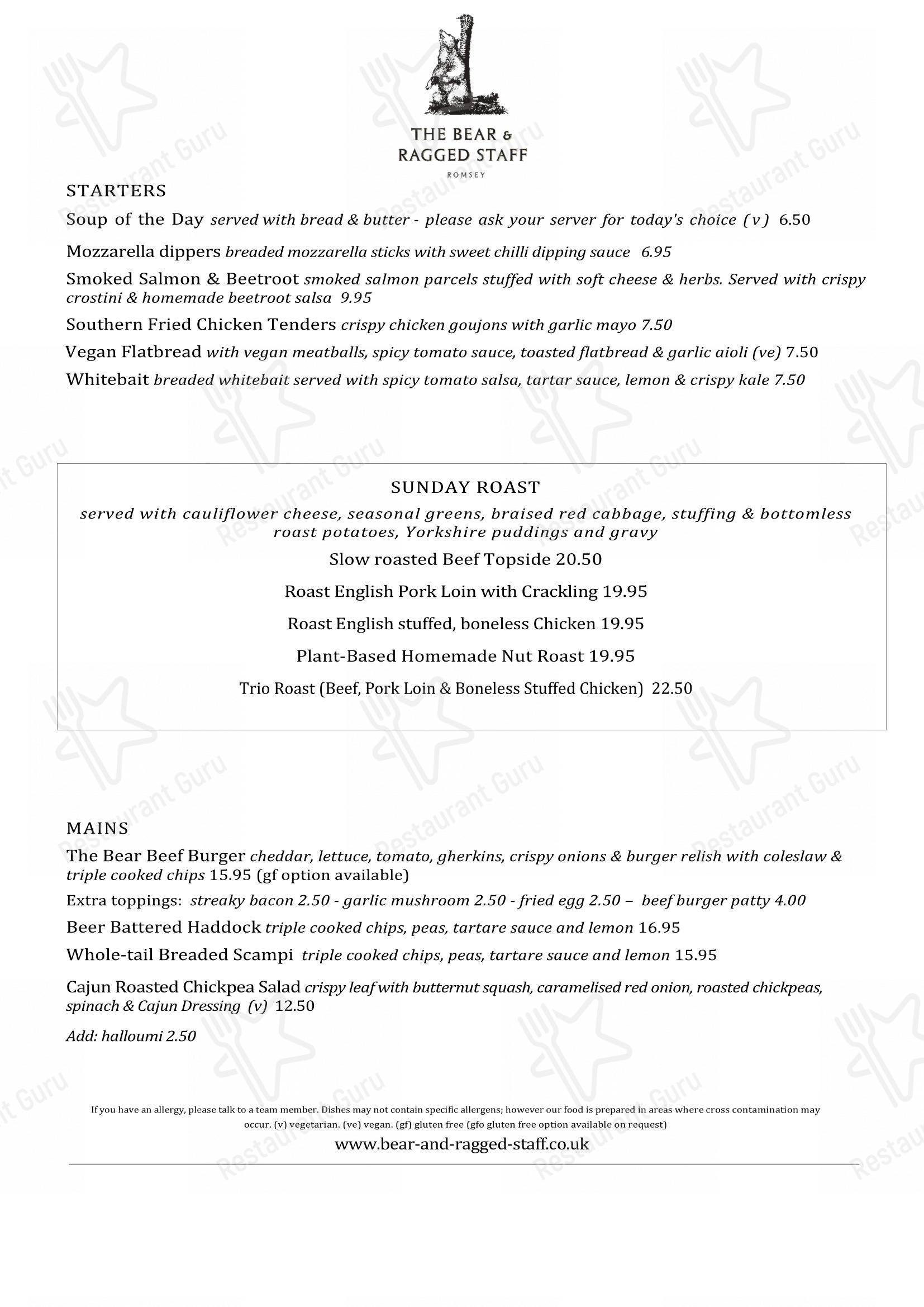 Menu at The Bear & Ragged Staff, Romsey pub & bar, Romsey