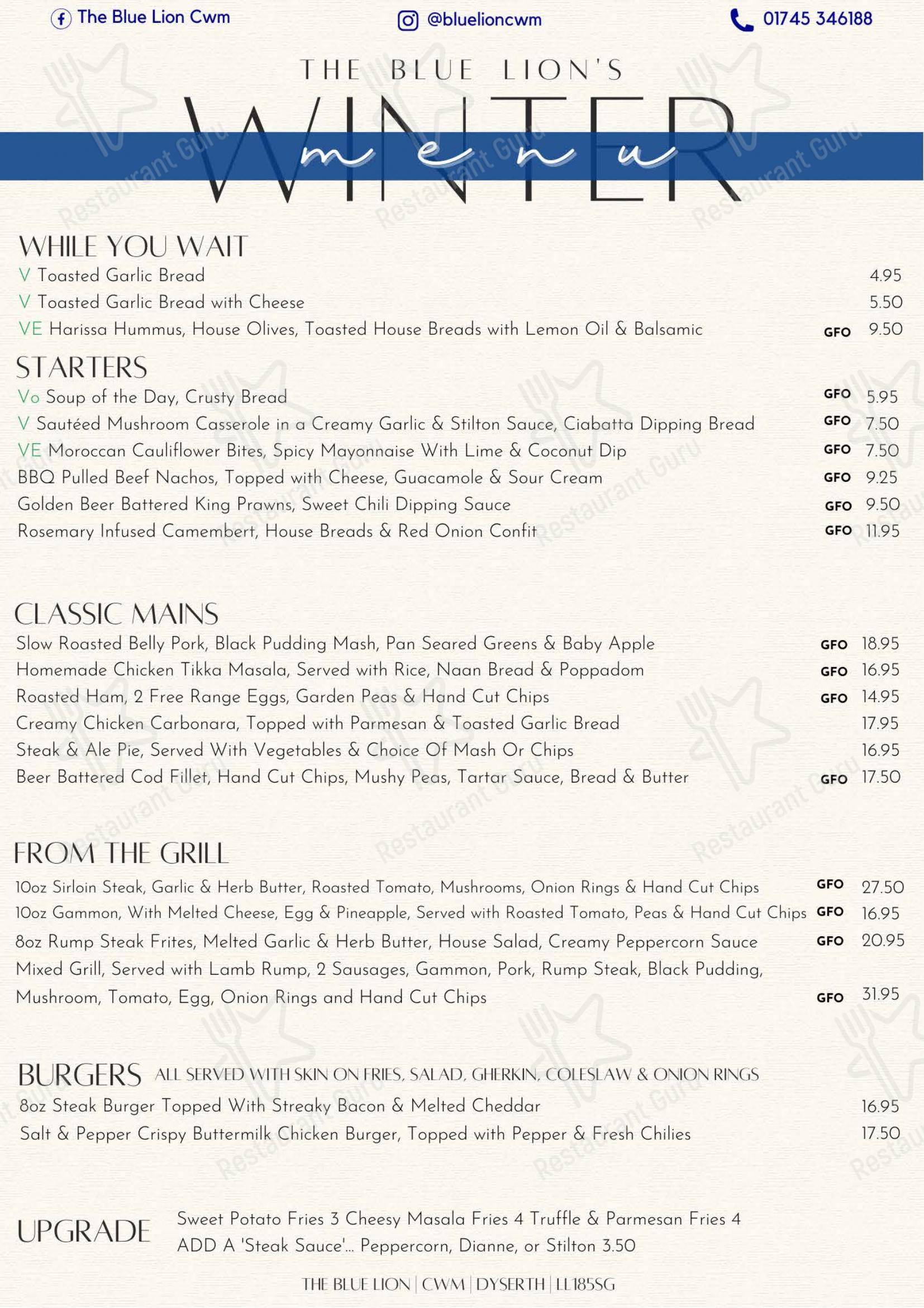 Menu at The Blue Lion Inn Cwm restaurant, Dyserth, Cwm Dyserth