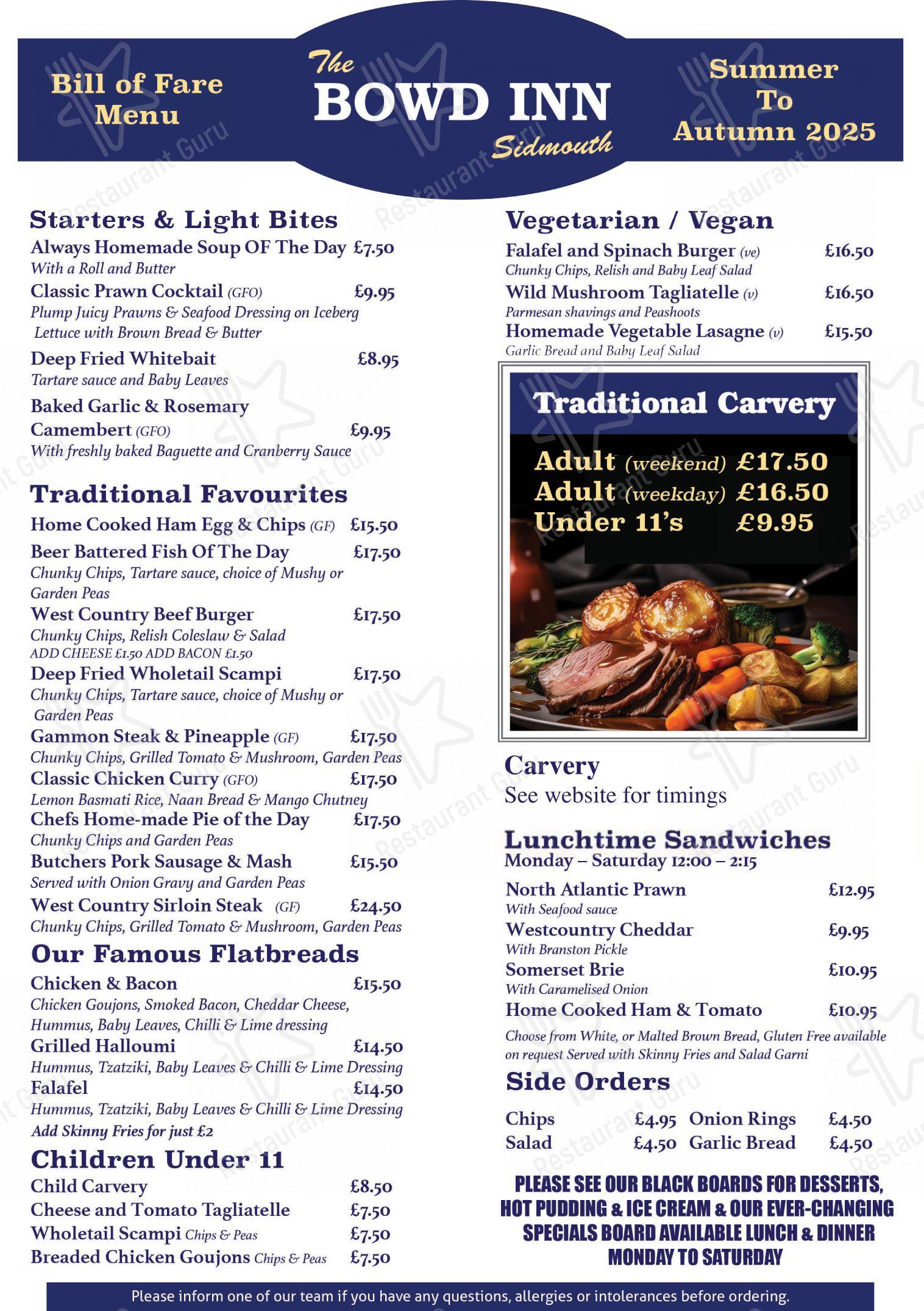 Menu at The Bowd Inn pub & bar, Sidmouth, A3052
