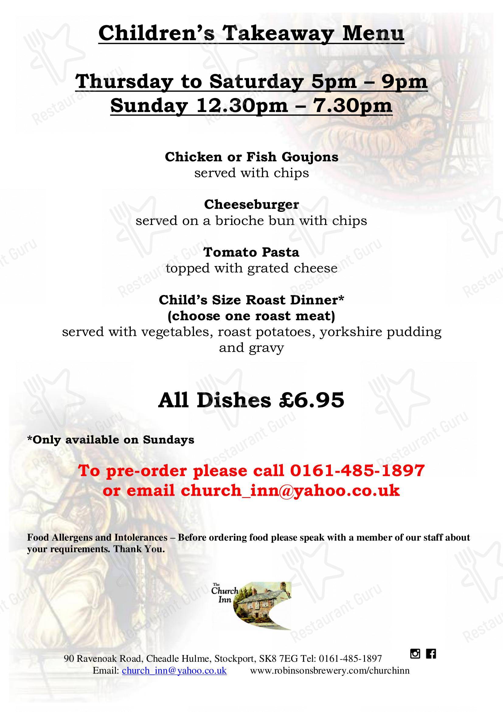 Menu at The Church Inn pub & bar, Cheadle, 90 Ravenoak Rd