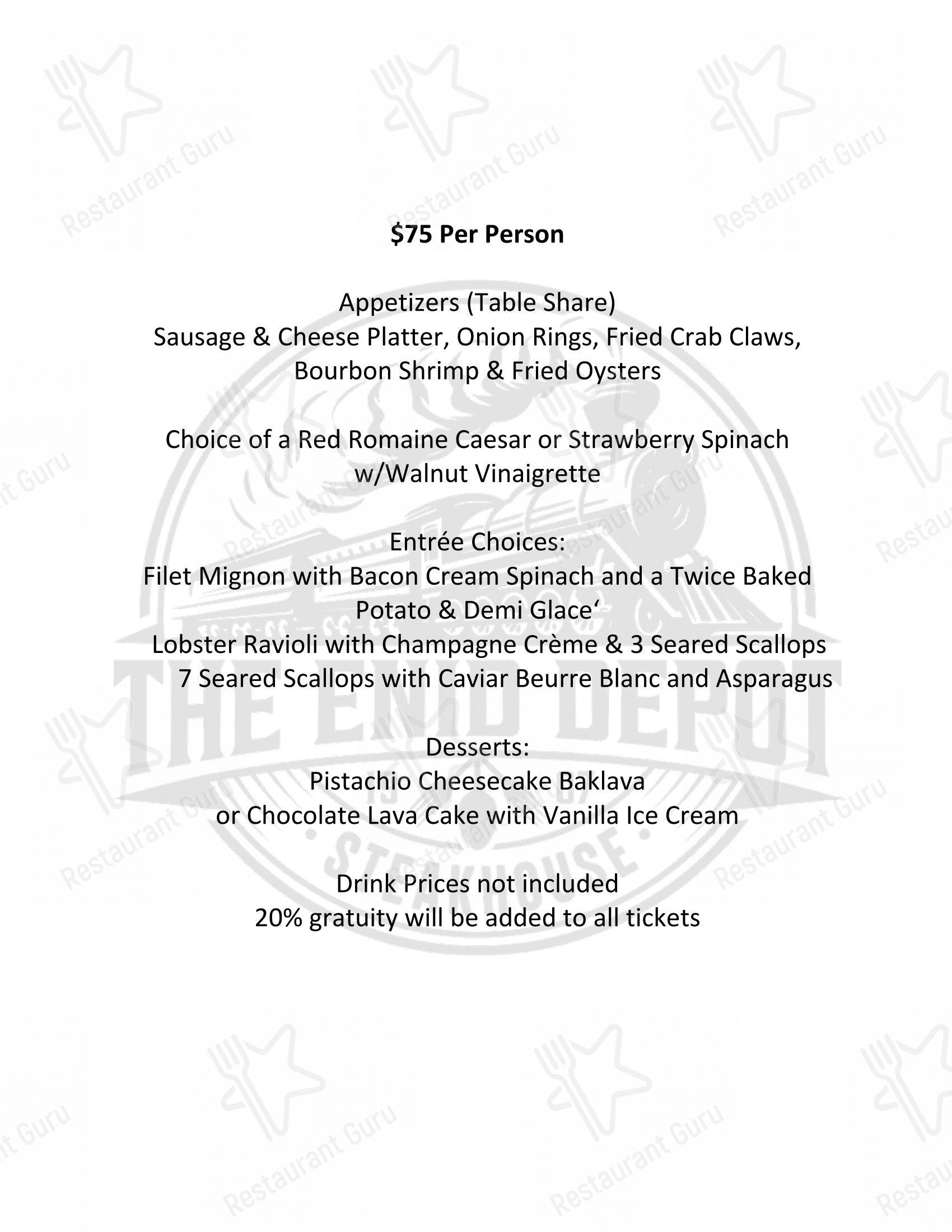 Menu at The Enid Depot steakhouse, USA