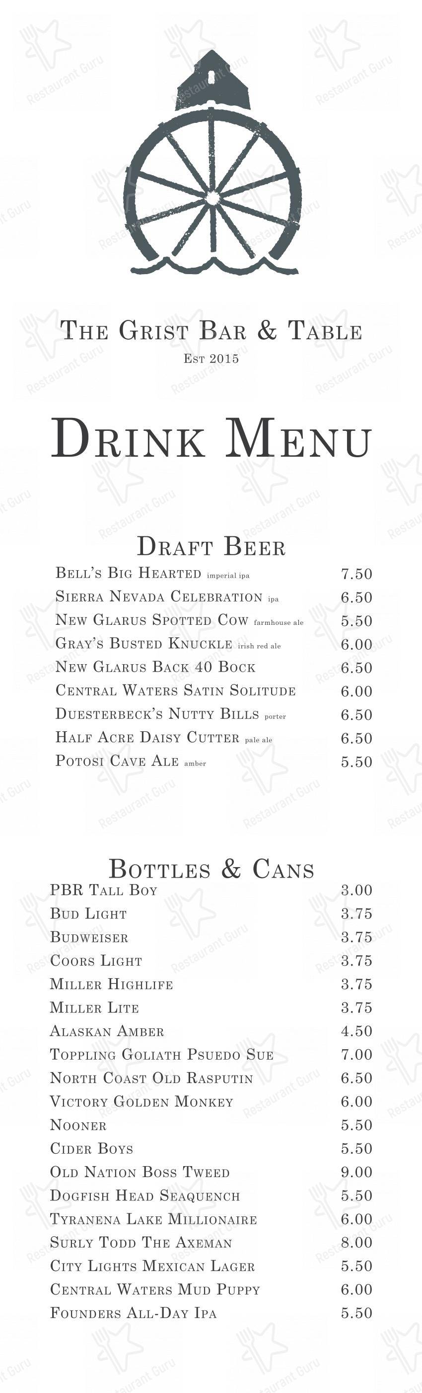 Menu at The Grist Bar and Table, Lake Mills