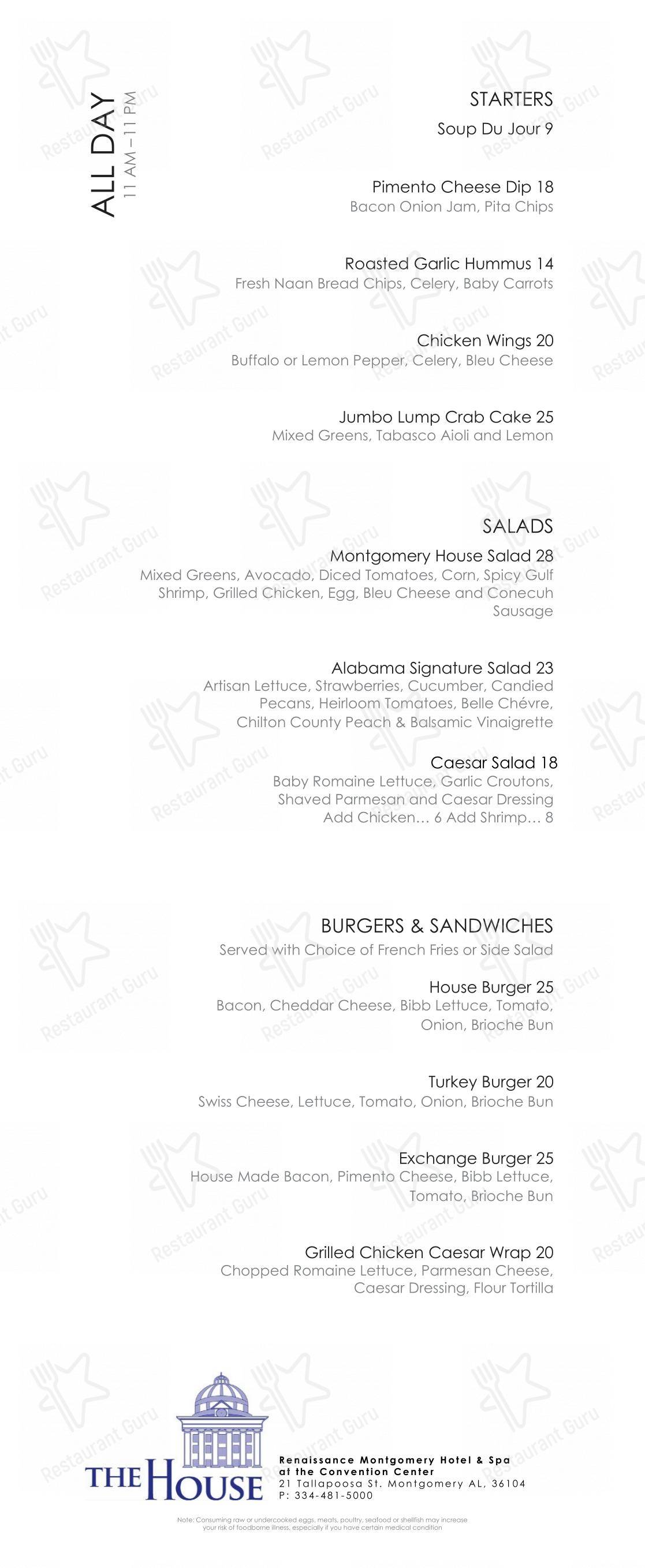 Carta de The House Restaurant, Montgomery