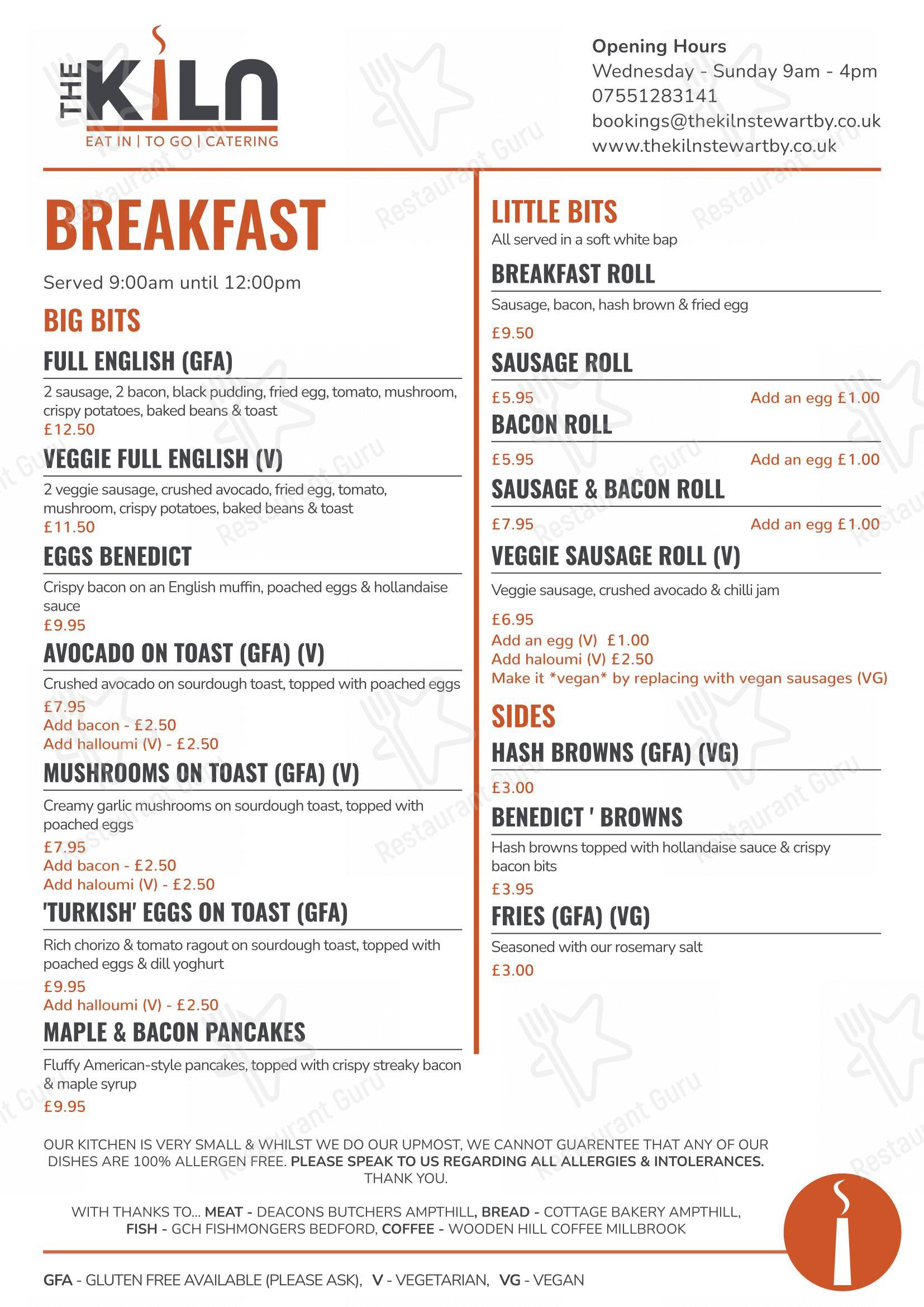 Menu at The Kiln restaurant, Stewartby